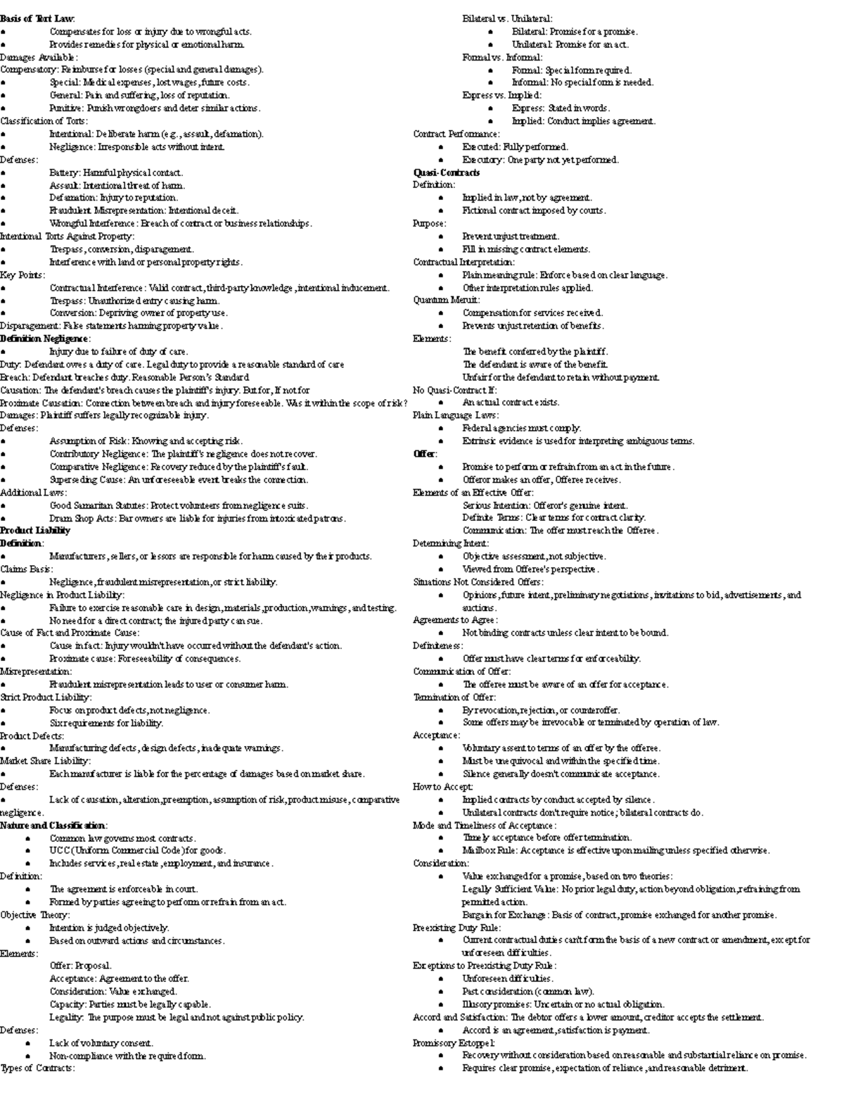 Law Midterm Cheat Sheet - Basis of Tort Law: Compensates for loss or ...