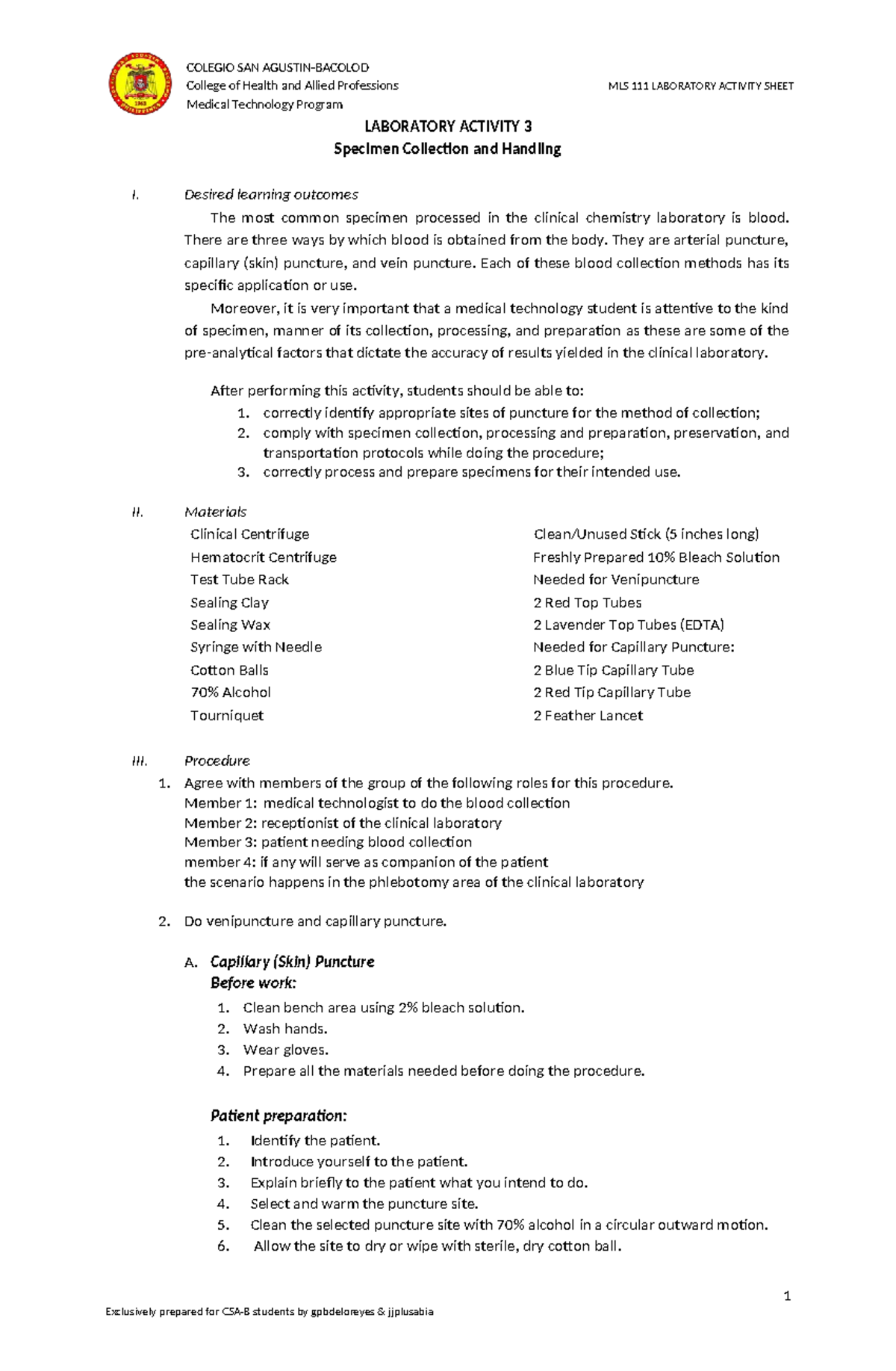 Lab Act 3 (111) - practice material - College of Health and Allied ...