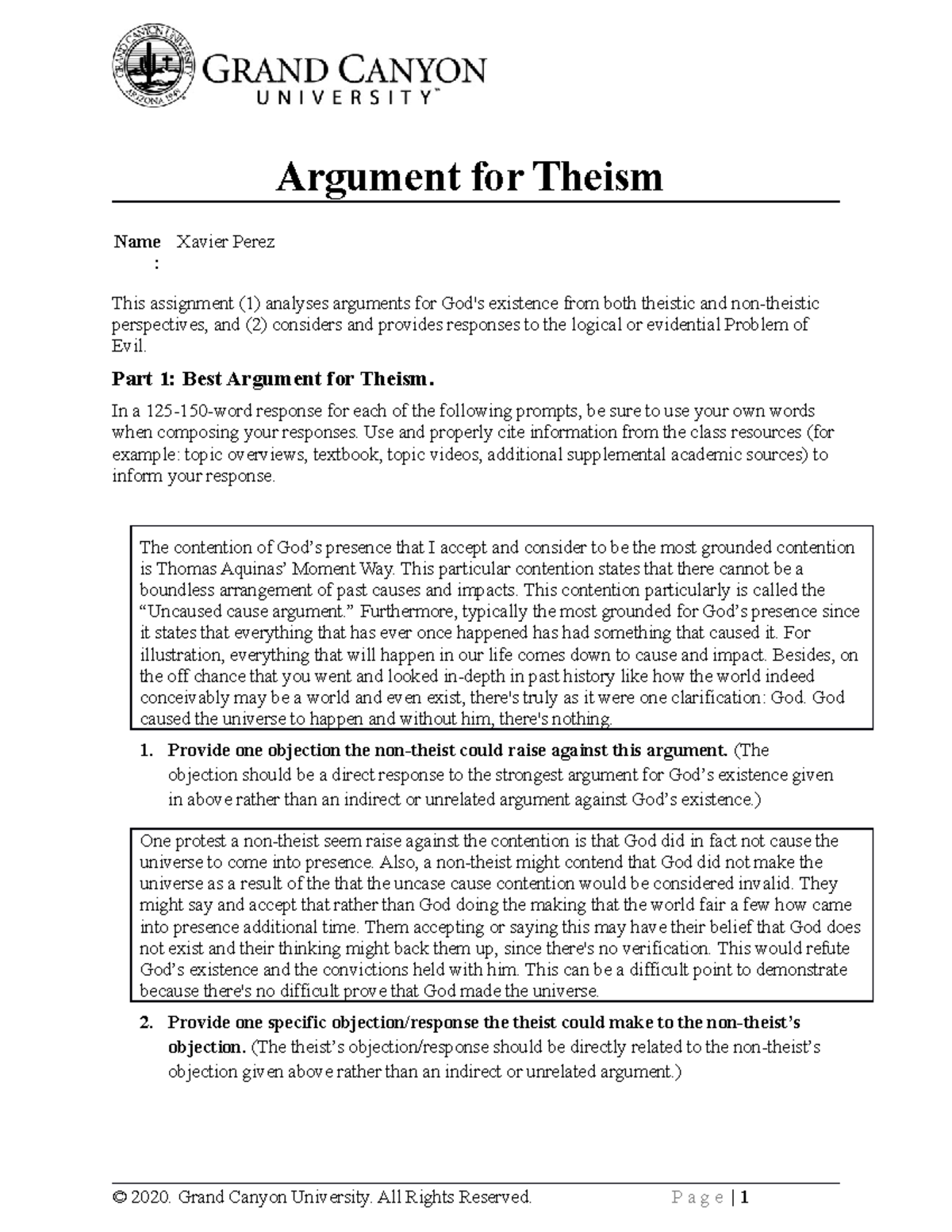 Phi103 argument for theism - Argument for Theism Name Xavier Perez ...