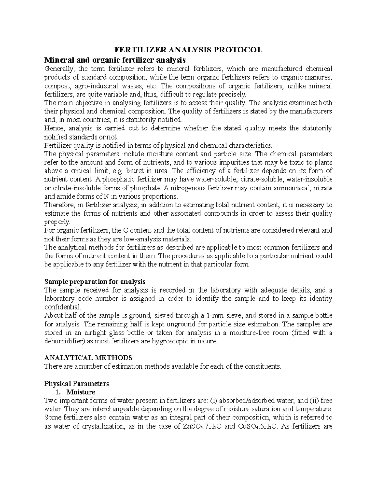 Fertilizer Lab - protocol - FERTILIZER ANALYSIS PROTOCOL Mineral and ...