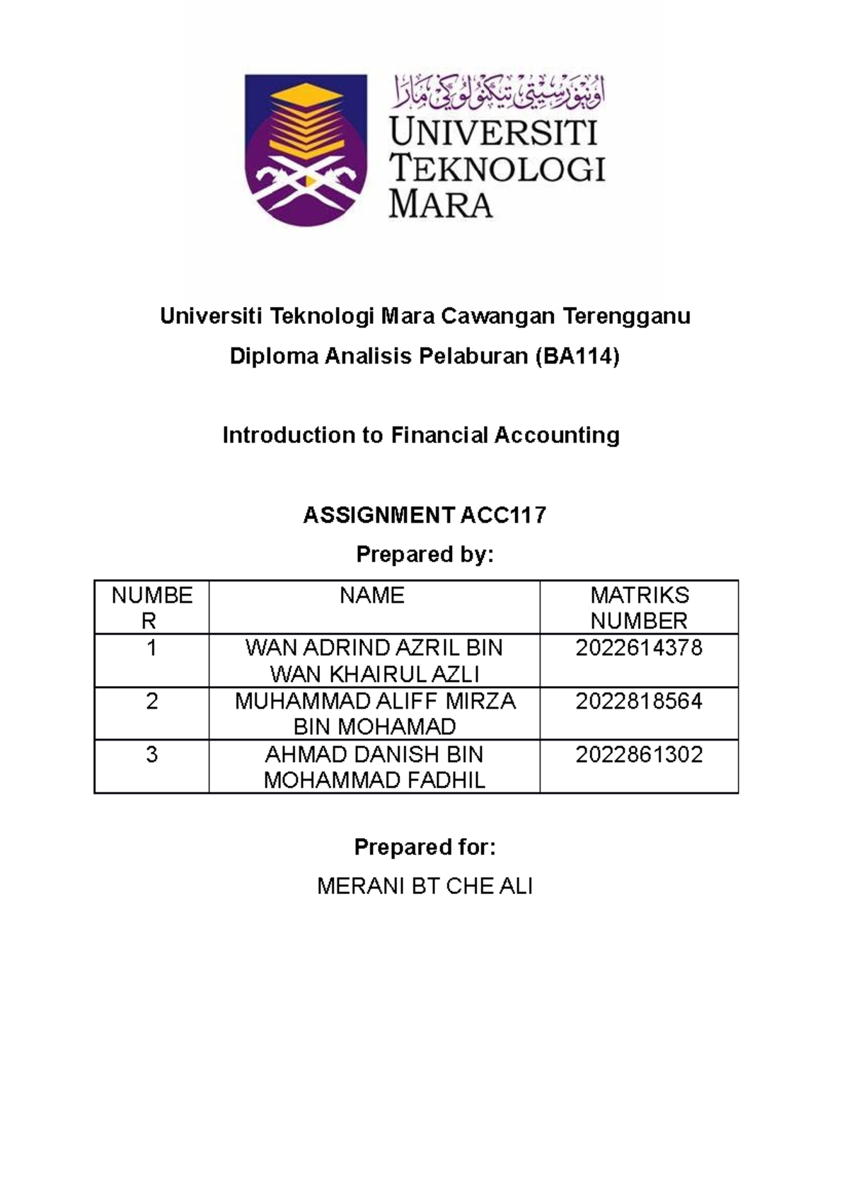 ML117 Group Assignment - Universiti Teknologi Mara Cawangan Terengganu ...