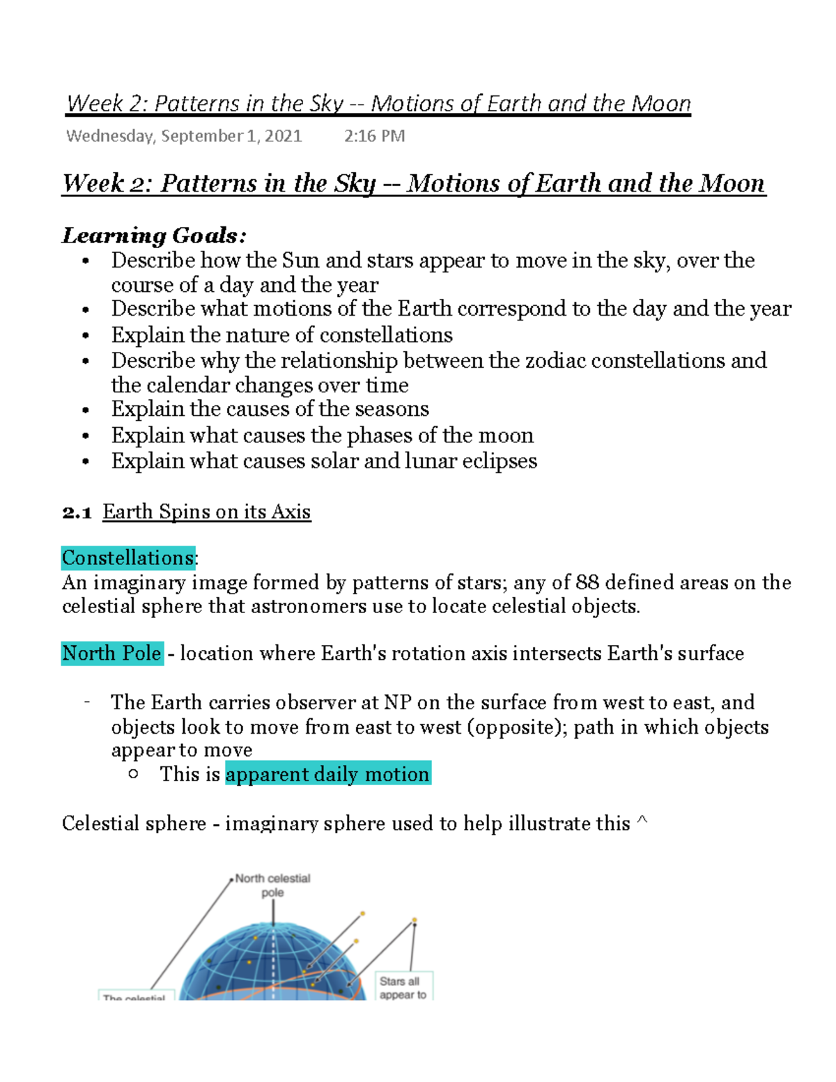 Week 2 Patterns in the Sky - Motions of Earth and the Moon - North Pole ...