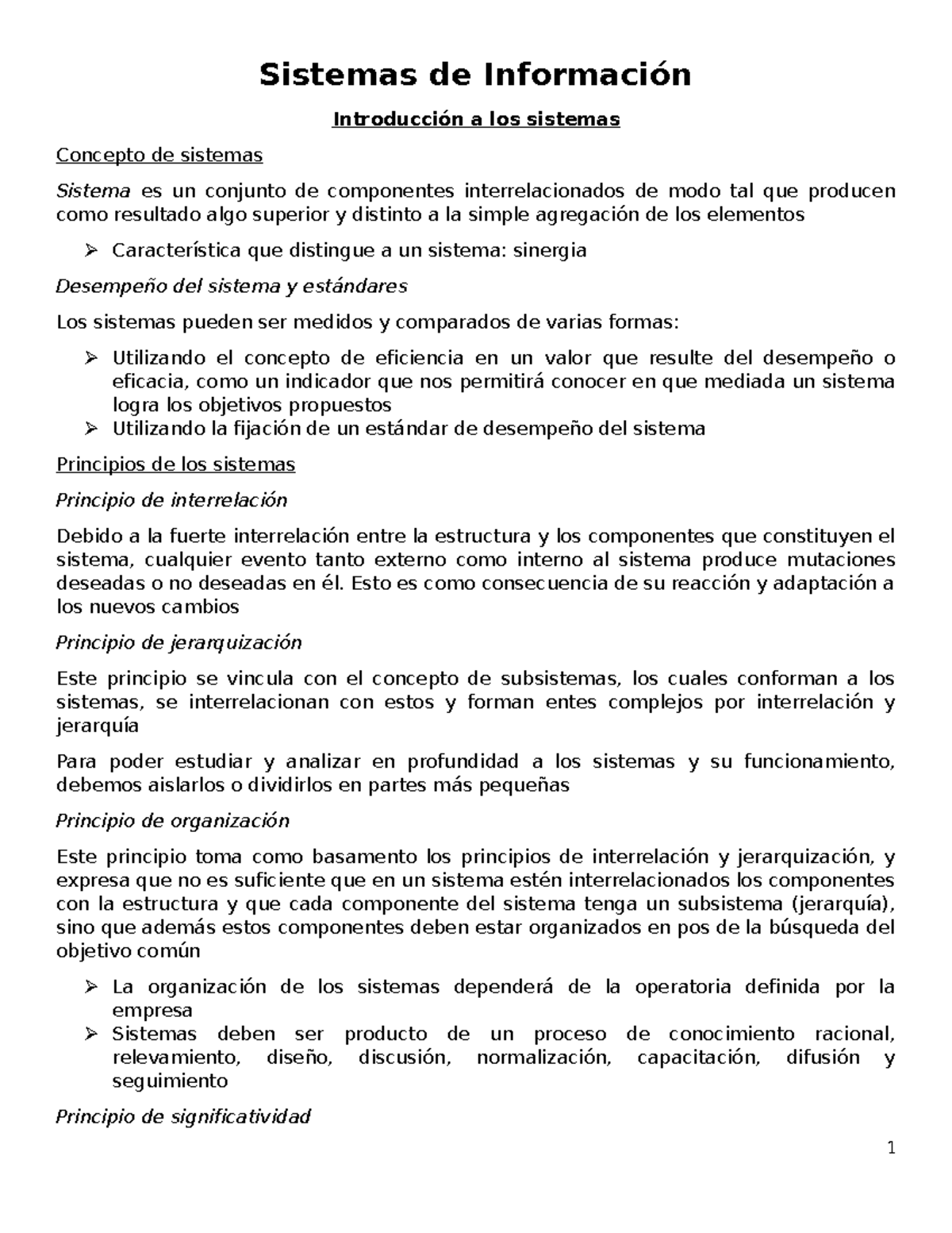 Resumen modulo 1 - Sistemas de Información Introducción a los sistemas Concepto de sistemas ...