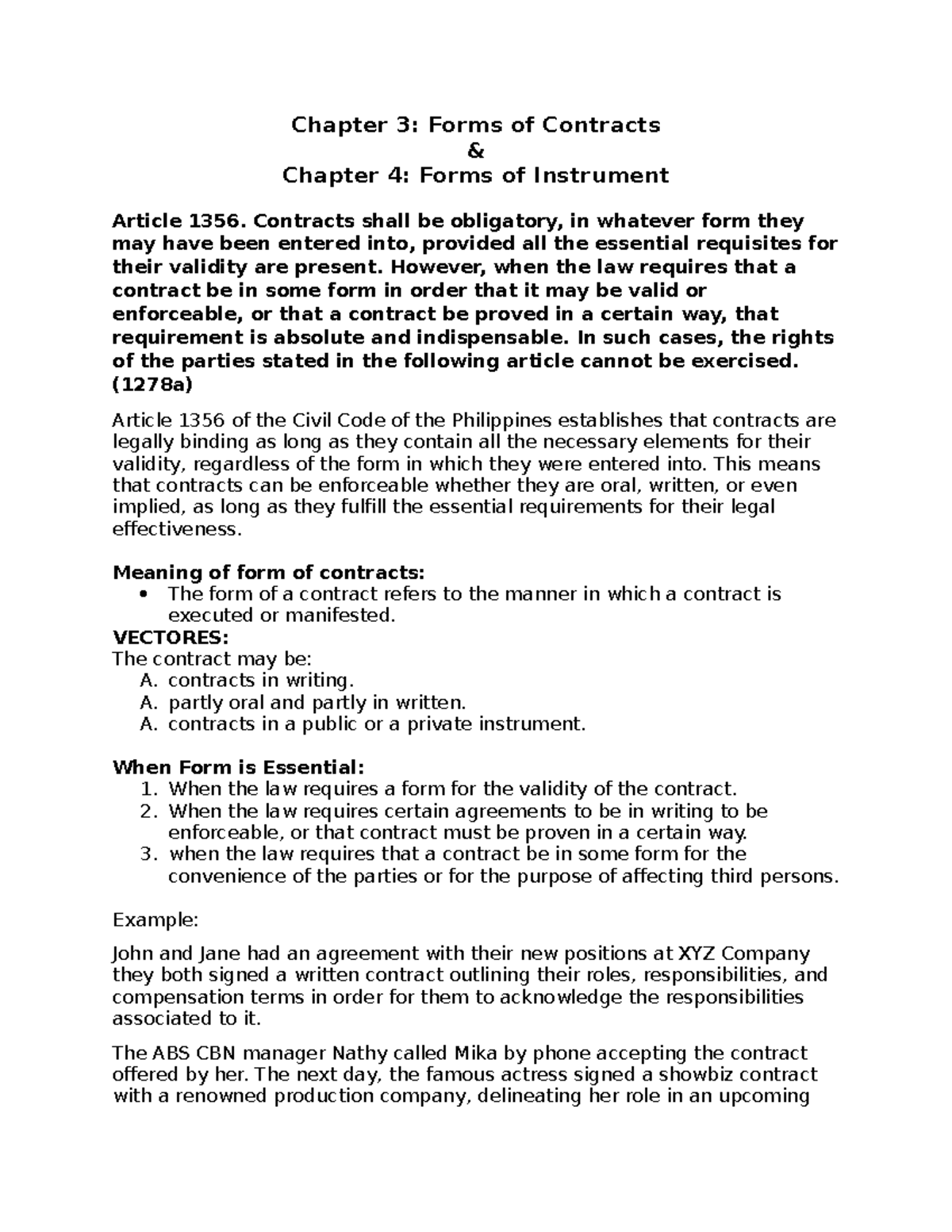 Summary - ObliCon_Contracts - Chapter 3: Forms of Contracts & Chapter 4 ...