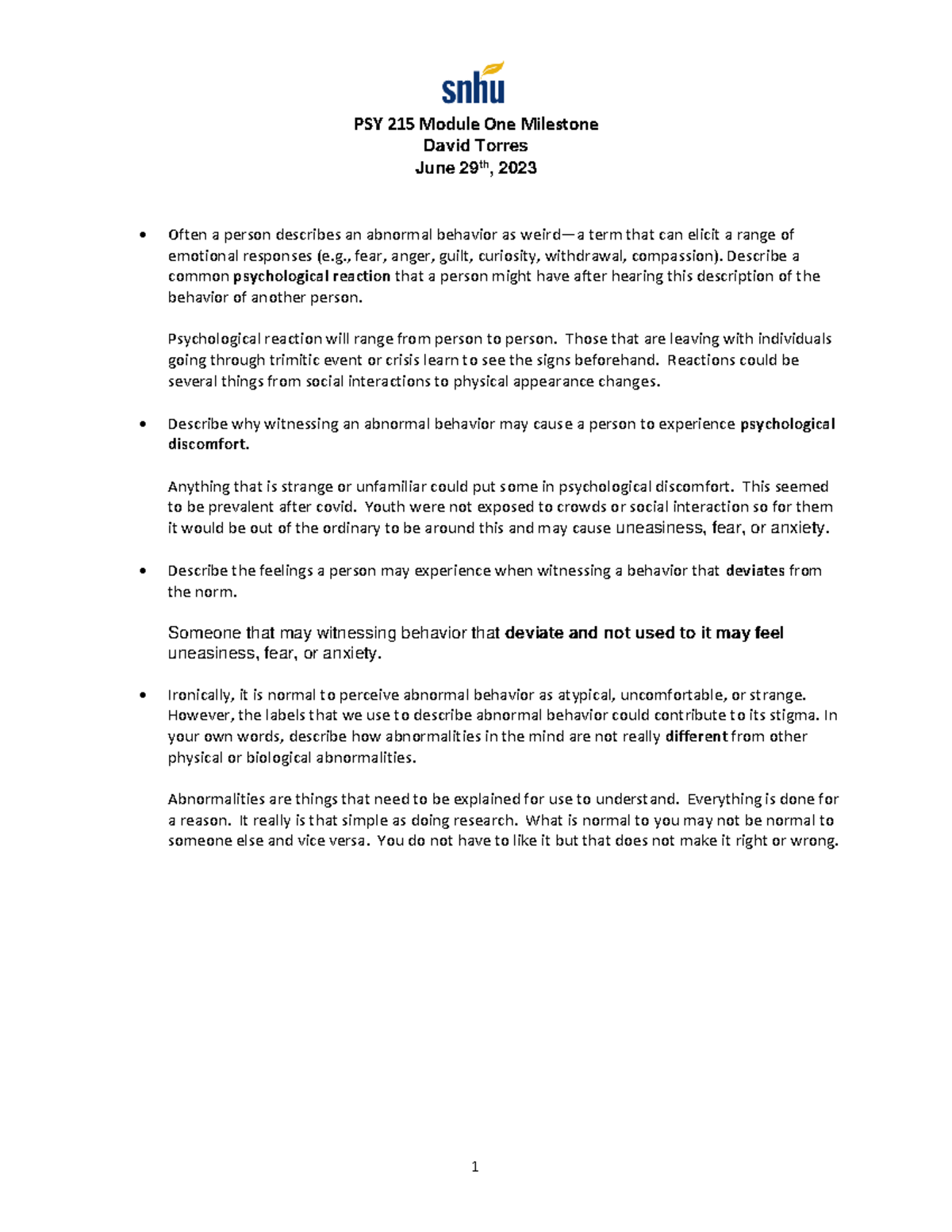 PSY 215 Module One Milestone - 1 PSY 215 Module One Milestone David ...