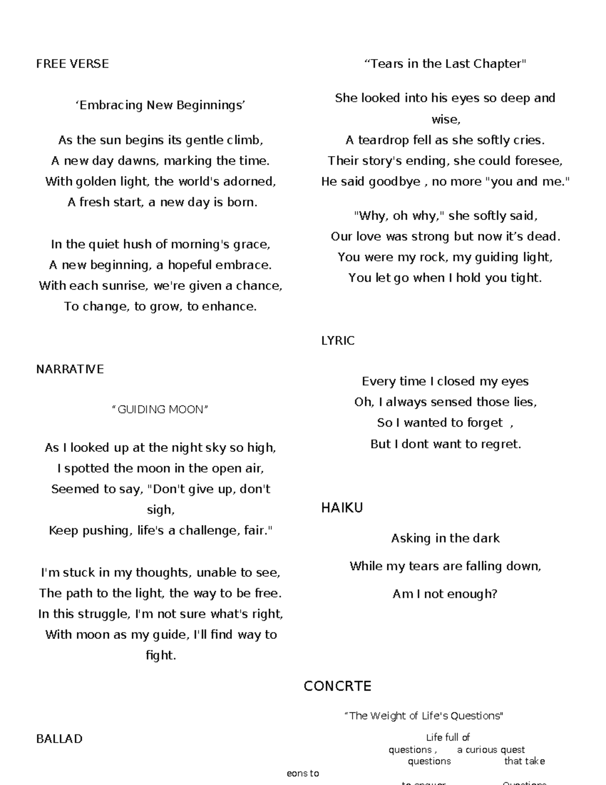 Ballad - FREE VERSE ‘Embracing New Beginnings’ As the sun begins its ...