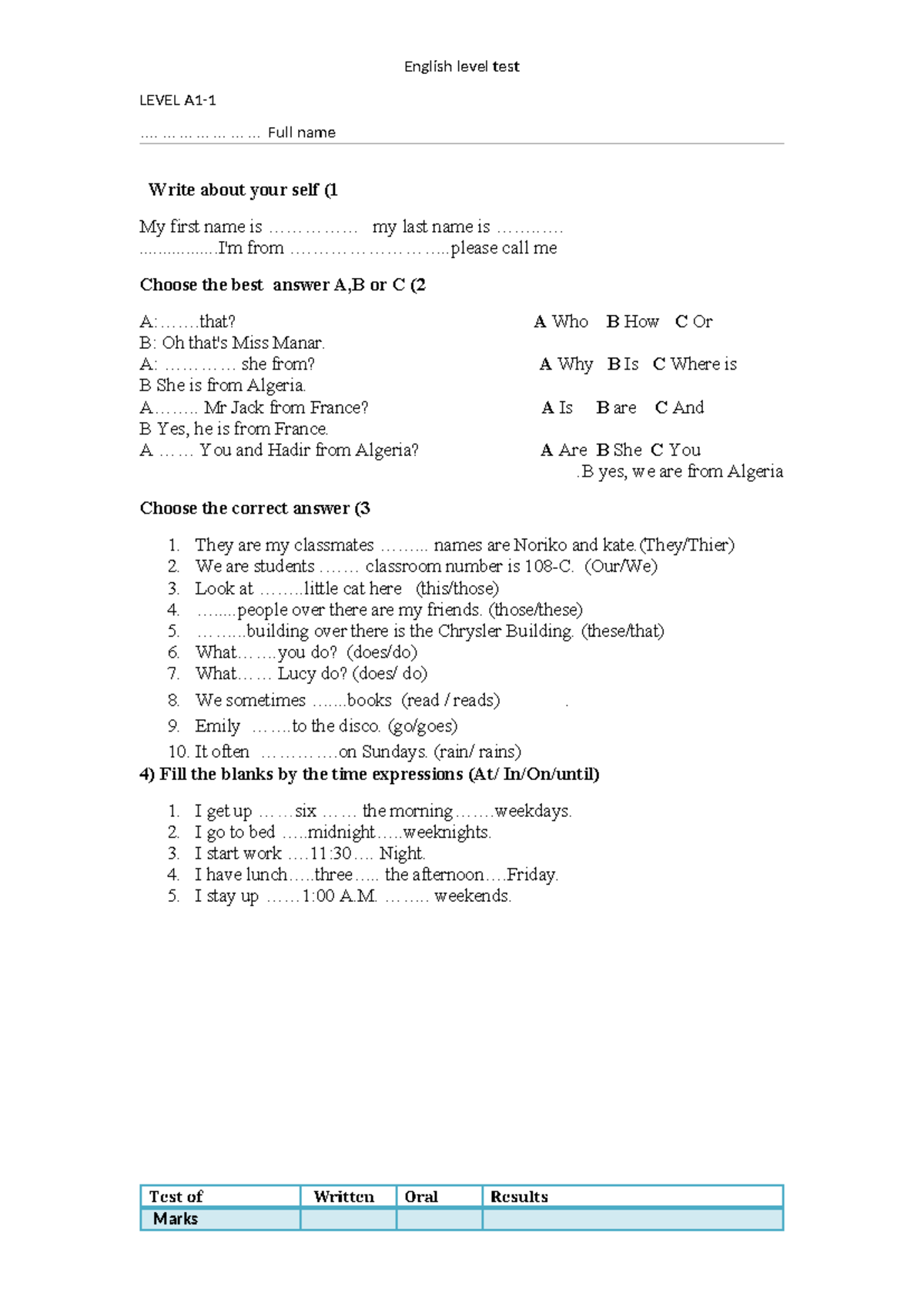 English level test A1-1 - English level test LEVEL A1 ...