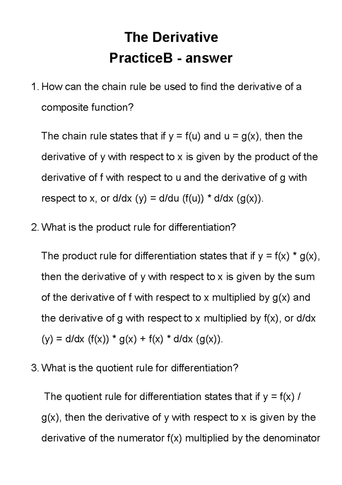 The Derivative Practice B - answer - The Derivative PracticeB - answer How can the chain rule be ...