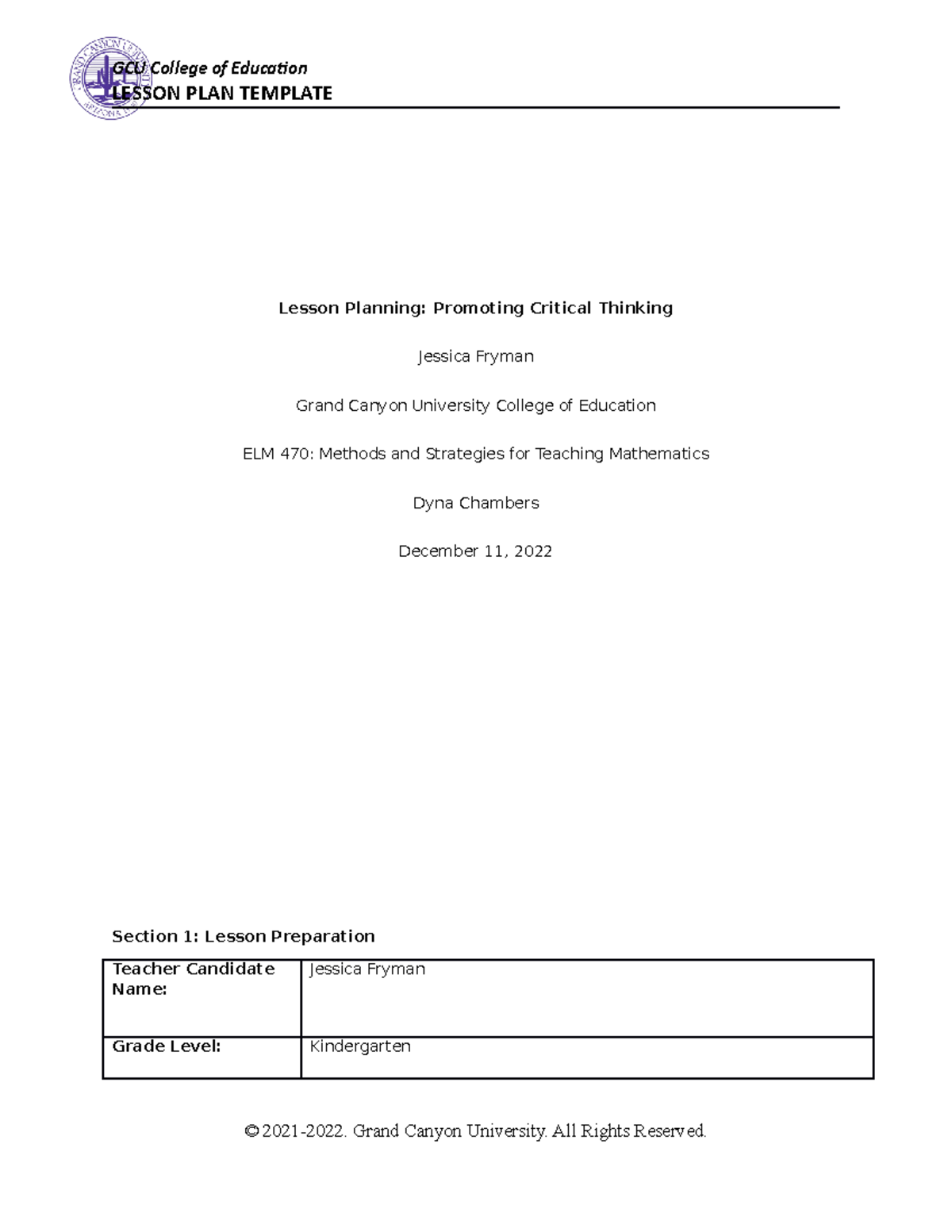 Lesson Plan Promoting Critical Thinking - LESSON PLAN TEMPLATE Lesson ...