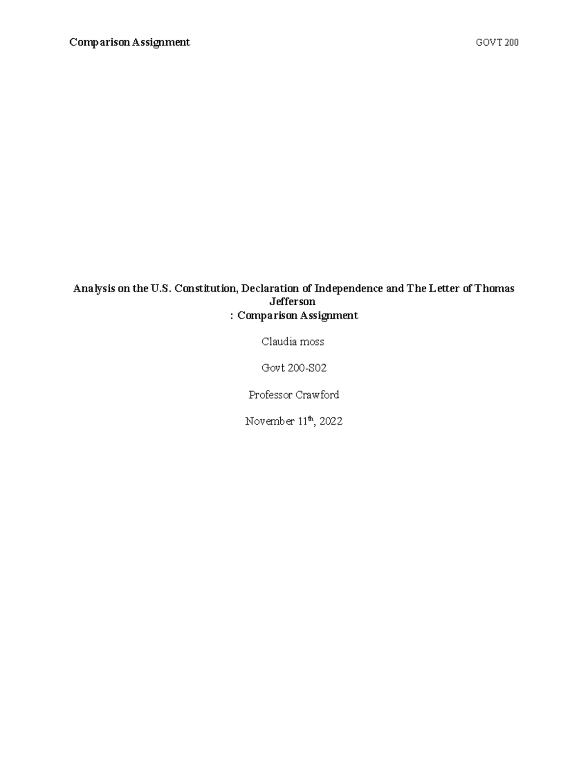 Comparison Paper U.S Declaration - Analysis on the U. Constitution ...