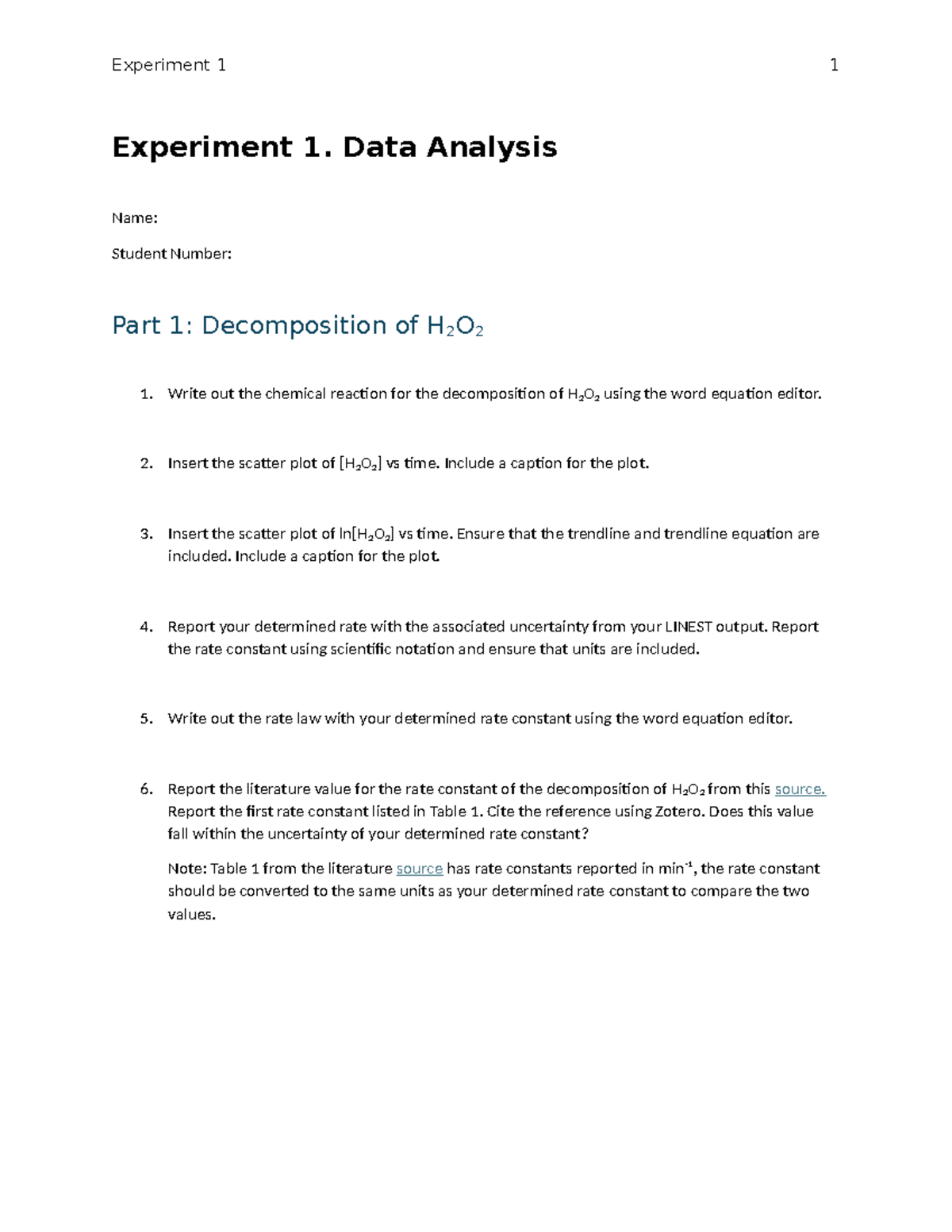 Report Template Data Analysis - Experiment 1 1 Experiment 1. Data Analysis Name: Student Number ...