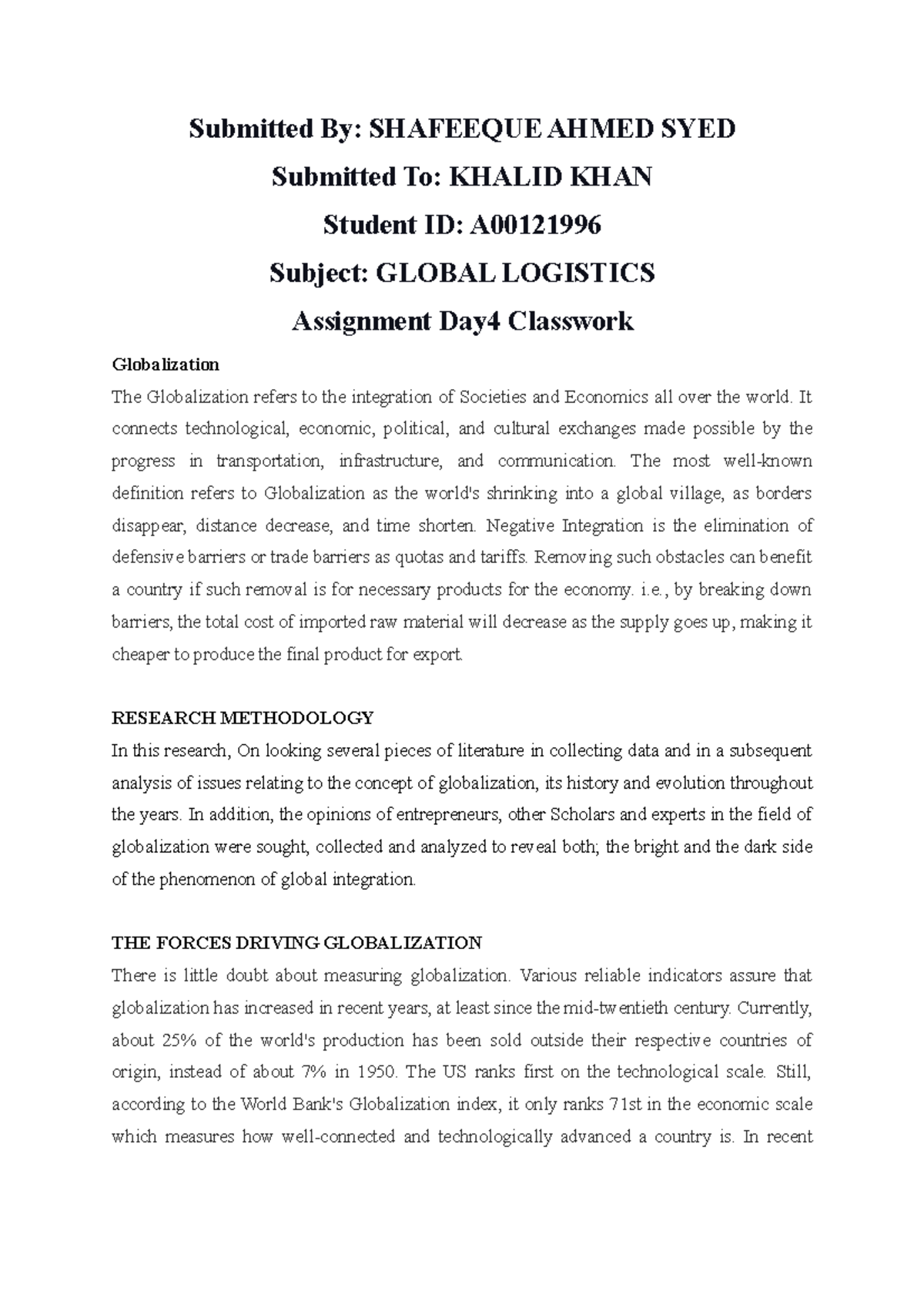 Assignment 1 day4- A00121996 - SCM940 - Seneca College - Studocu