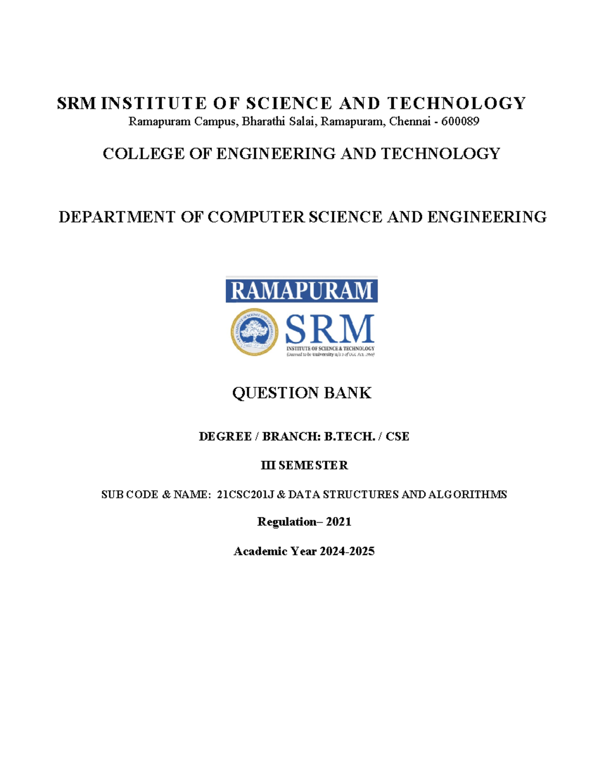 DSA unit 3 qb - Unit 5 qb - SRM INSTITUTE OF SCIENCE AND TECHNOLOGY Ramapuram Campus, Bharathi ...