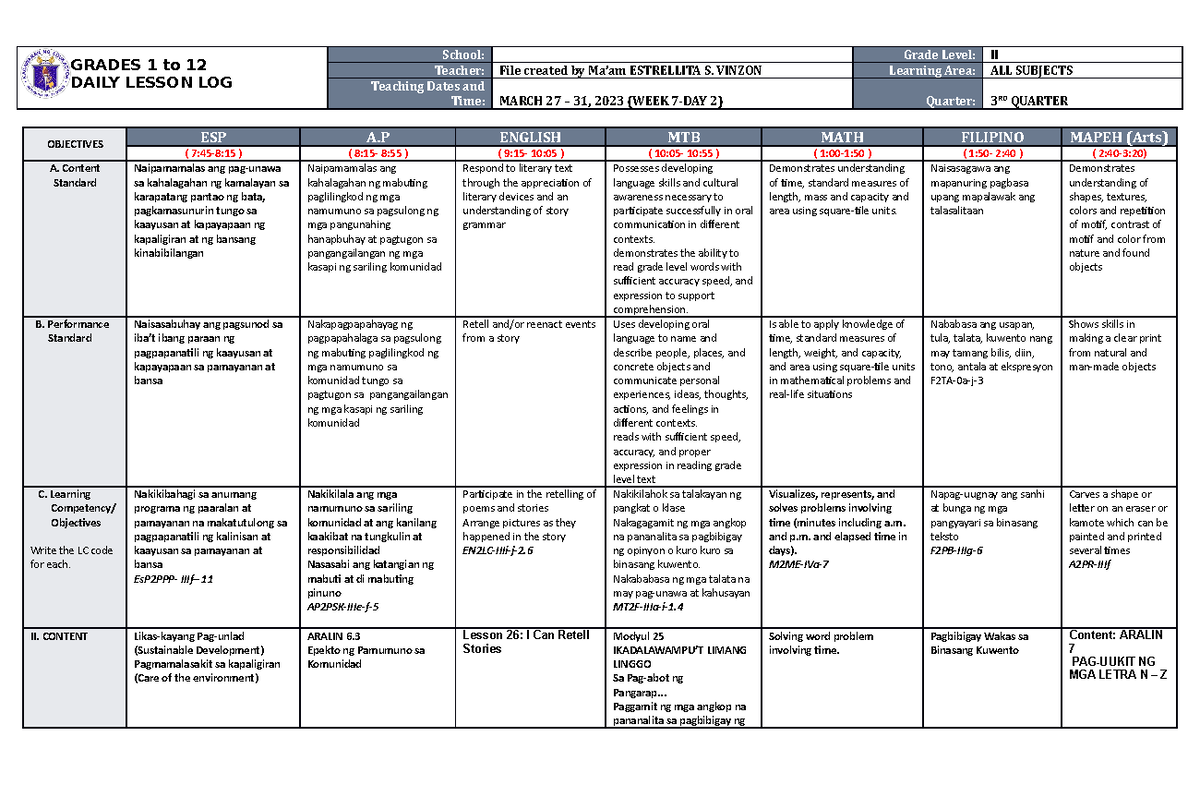 DLL ALL Subjects 2 Q3 W7 D2 - GRADES 1 to 12 DAILY LESSON LOG School: Grade Level: II Teacher ...