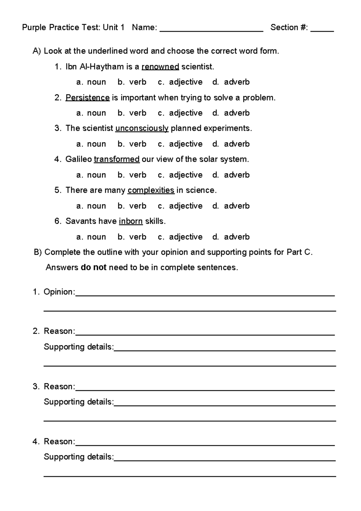 PU1 Writing Practice Test - Purple Practice Test: Unit 1 Name ...