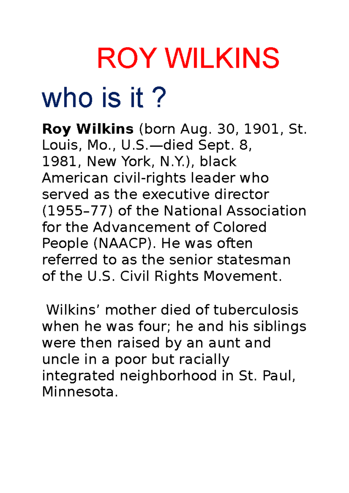 ROY Wilkins - Lecture notes 3 - ROY WILKINS who is it? Roy Wilkins ...