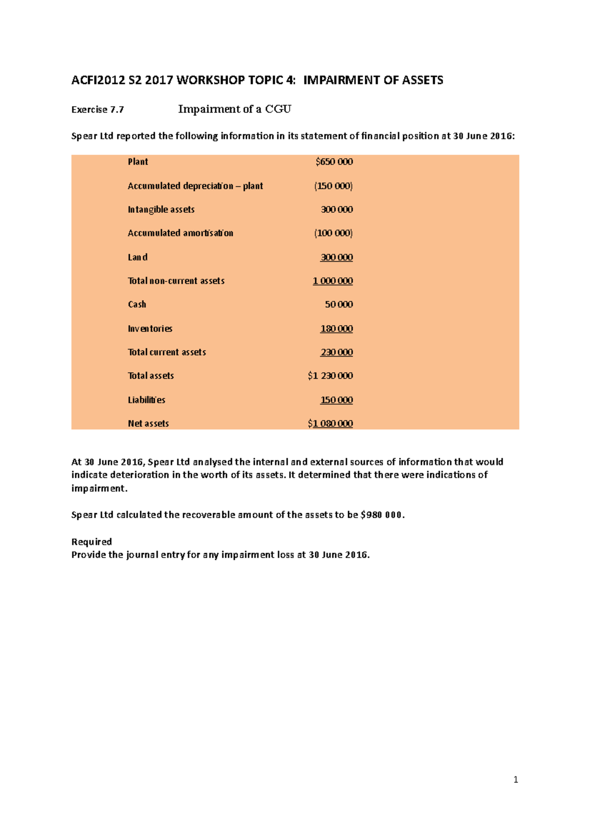ACFI 2012 S2 2017 Workshop Topic 4 Impairment of Assets - ACFI2012 S2 ...
