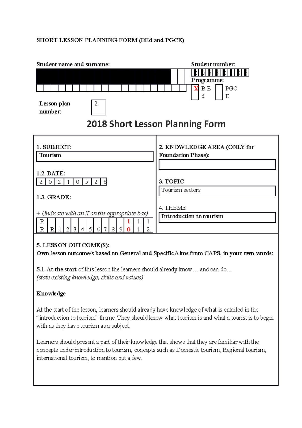 Tourism Short Lesson PLAN - SHORT LESSON PLANNING FORM (BEd and PGCE ...