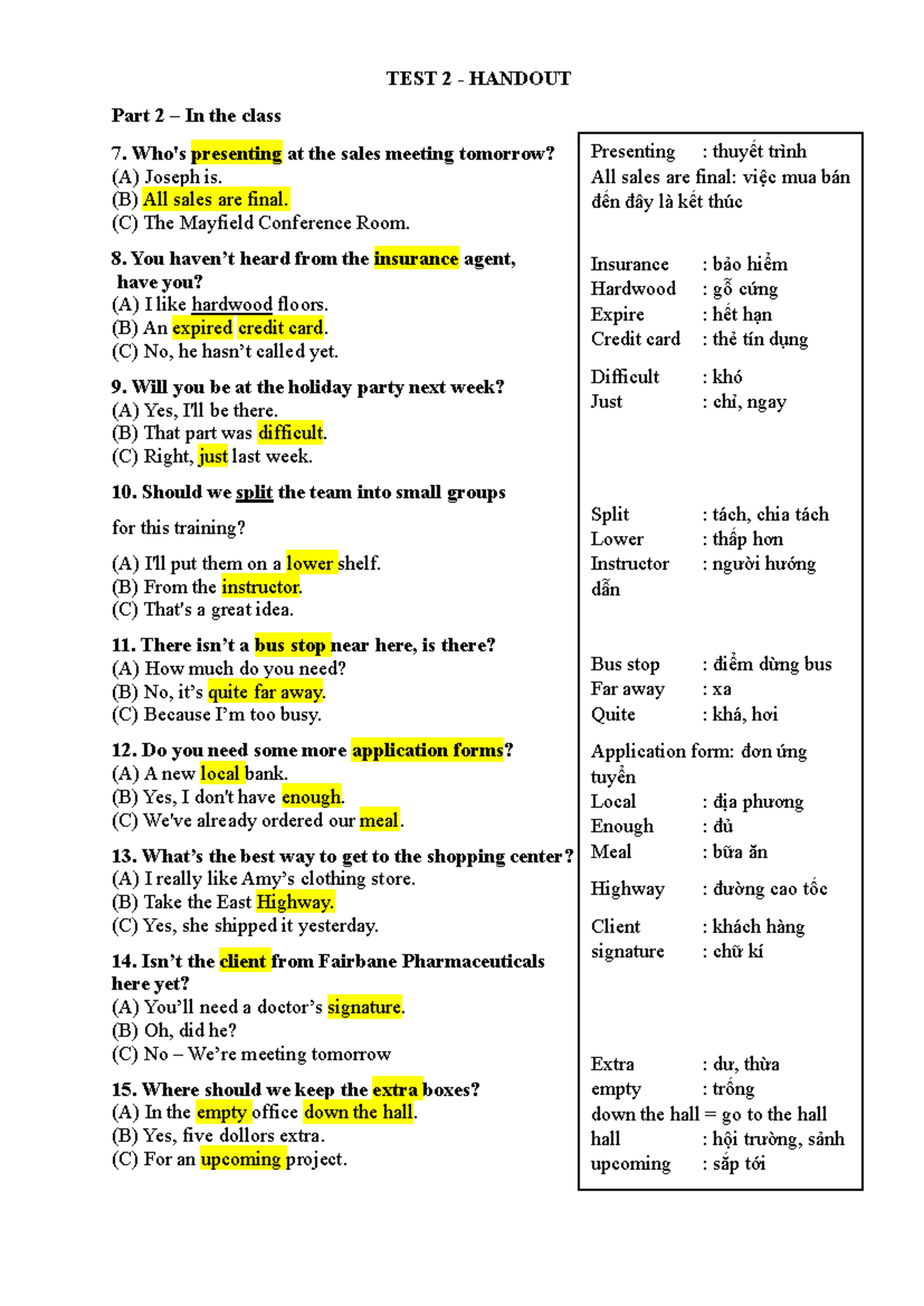 Part 2 3 4 - Practice 2 - nghe toeic - TEST 2 - HANDOUT Part 2 – In the ...