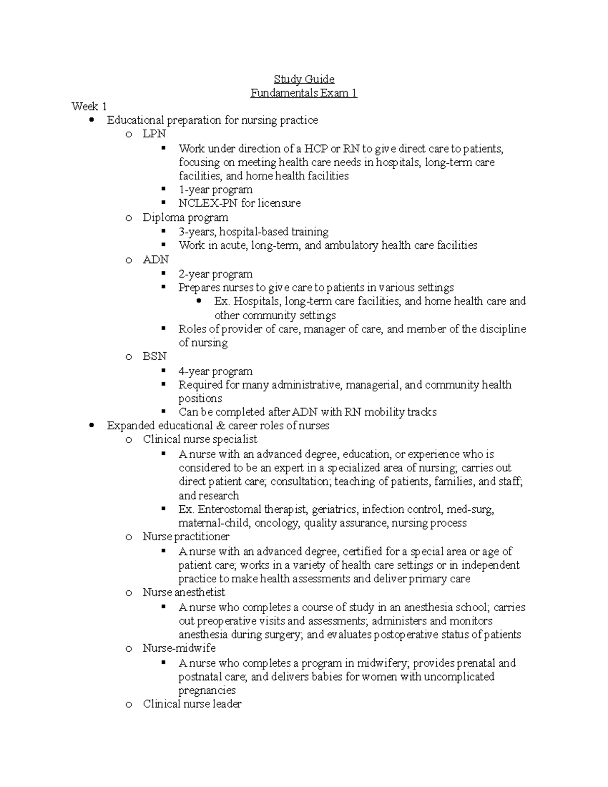 Study Guide Exam 1 Fundamentals - Study Guide Fundamentals Exam 1 Week ...