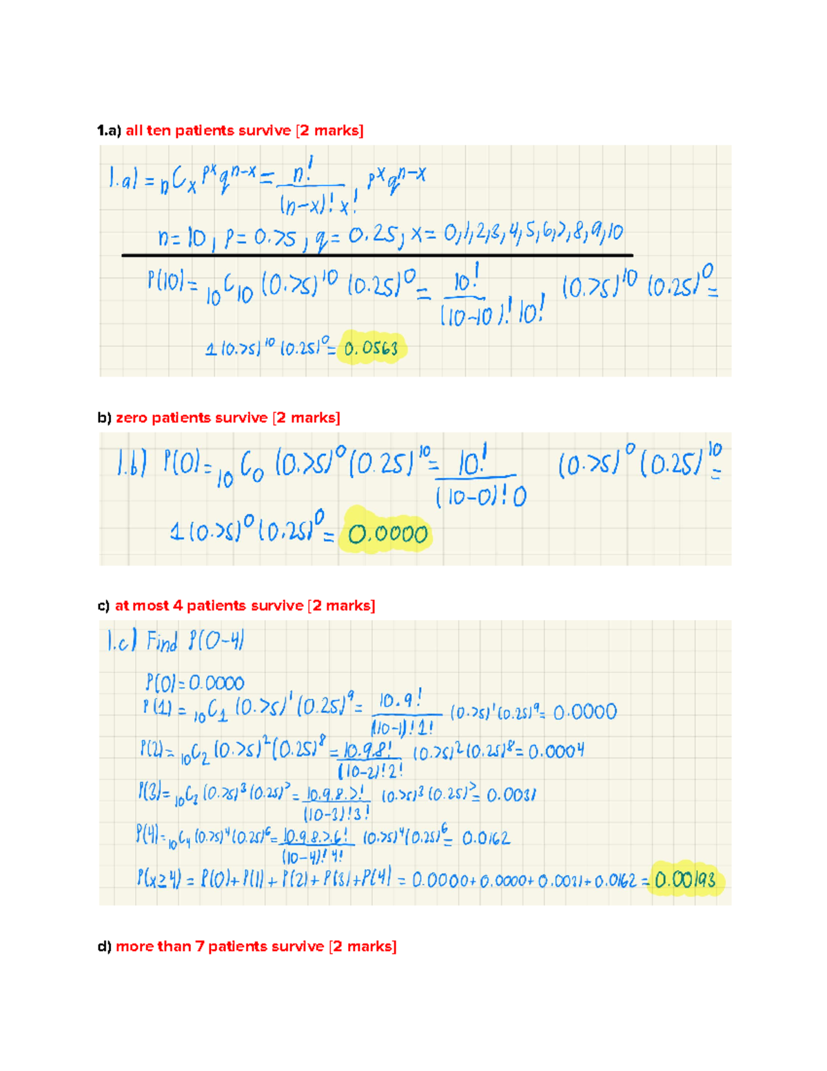 Stats 215 Assignment 3A - all ten patients survive [2 marks] b) zero patients survive [2 marks ...