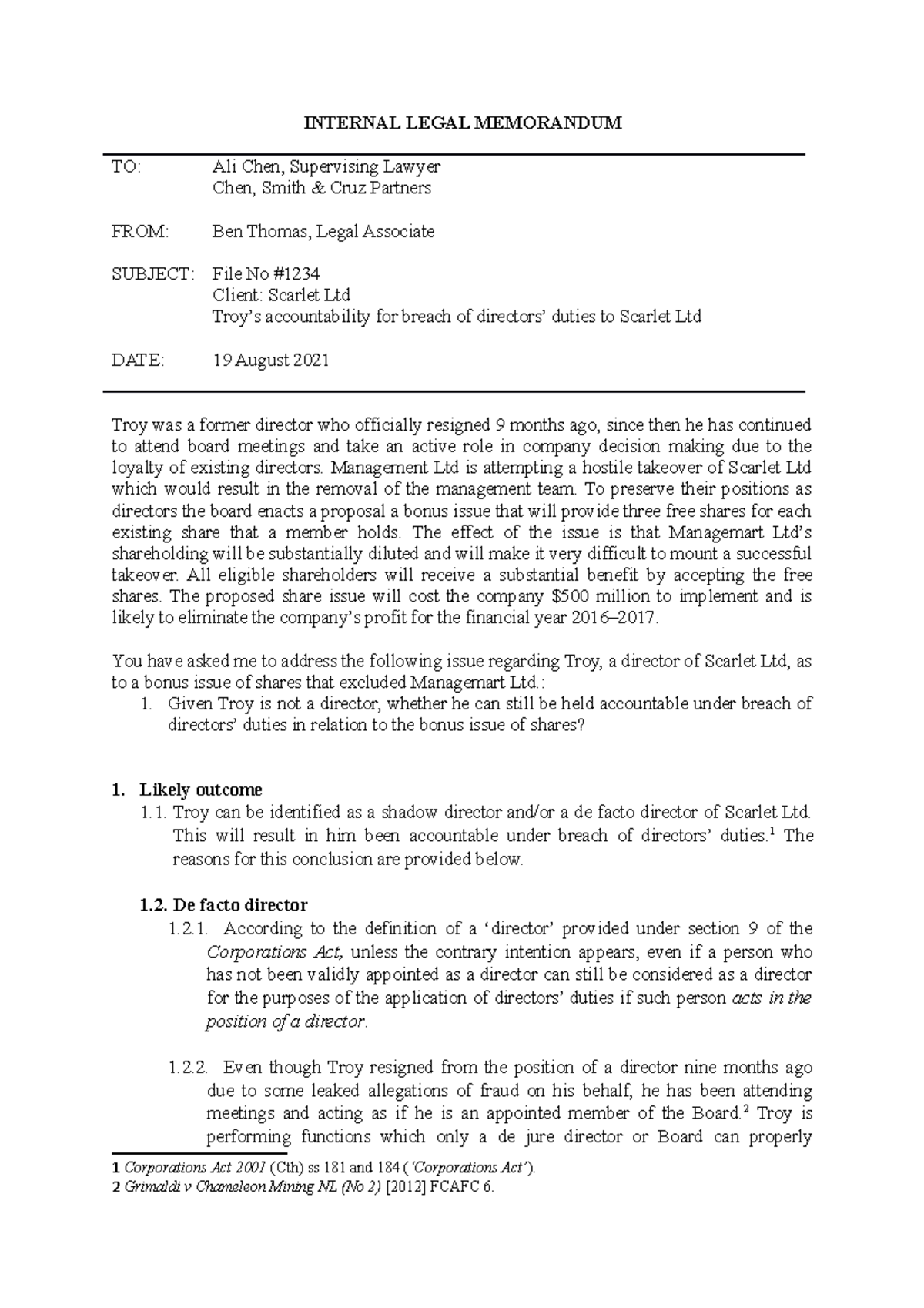 Exemplar Internal Legal Memorandum 3 - INTERNAL LEGAL MEMORANDUM TO ...
