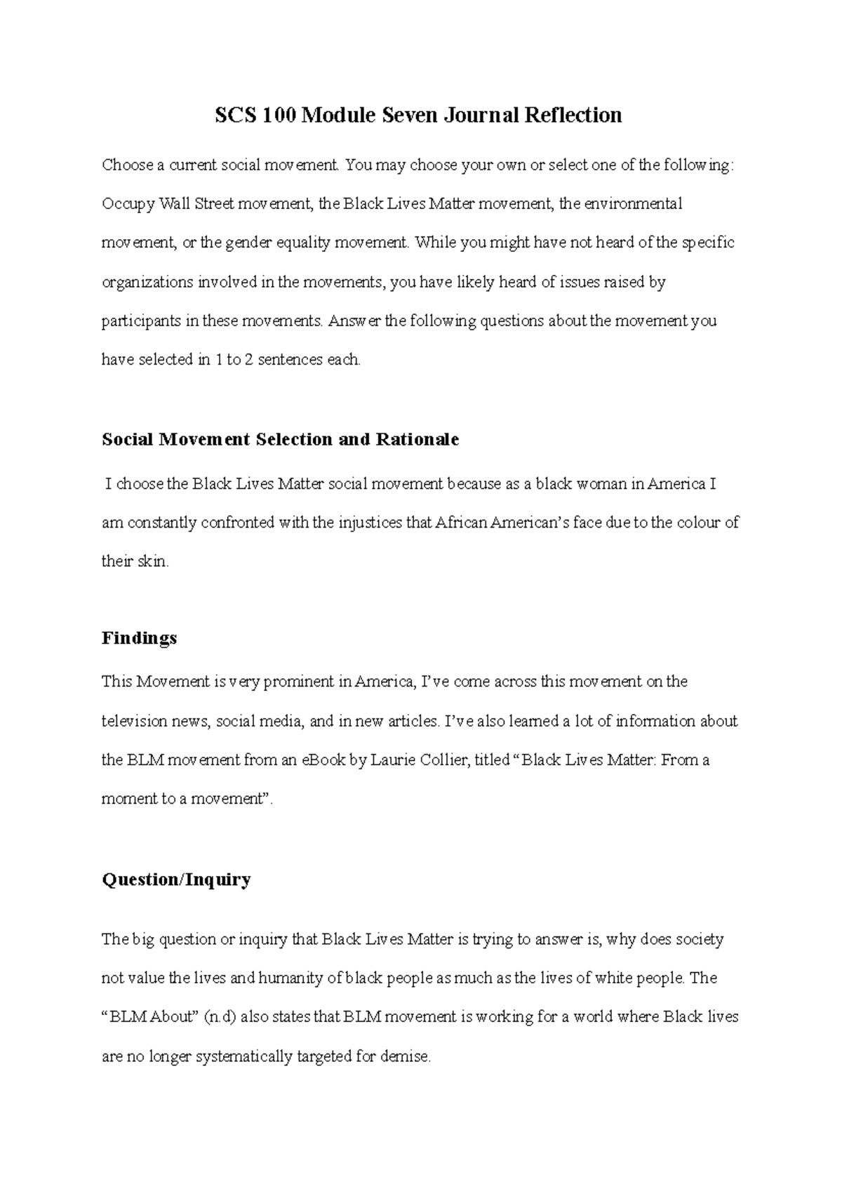 SCS 100 Module Seven Journal Reflection - SCS 100 Module Seven Journal ...