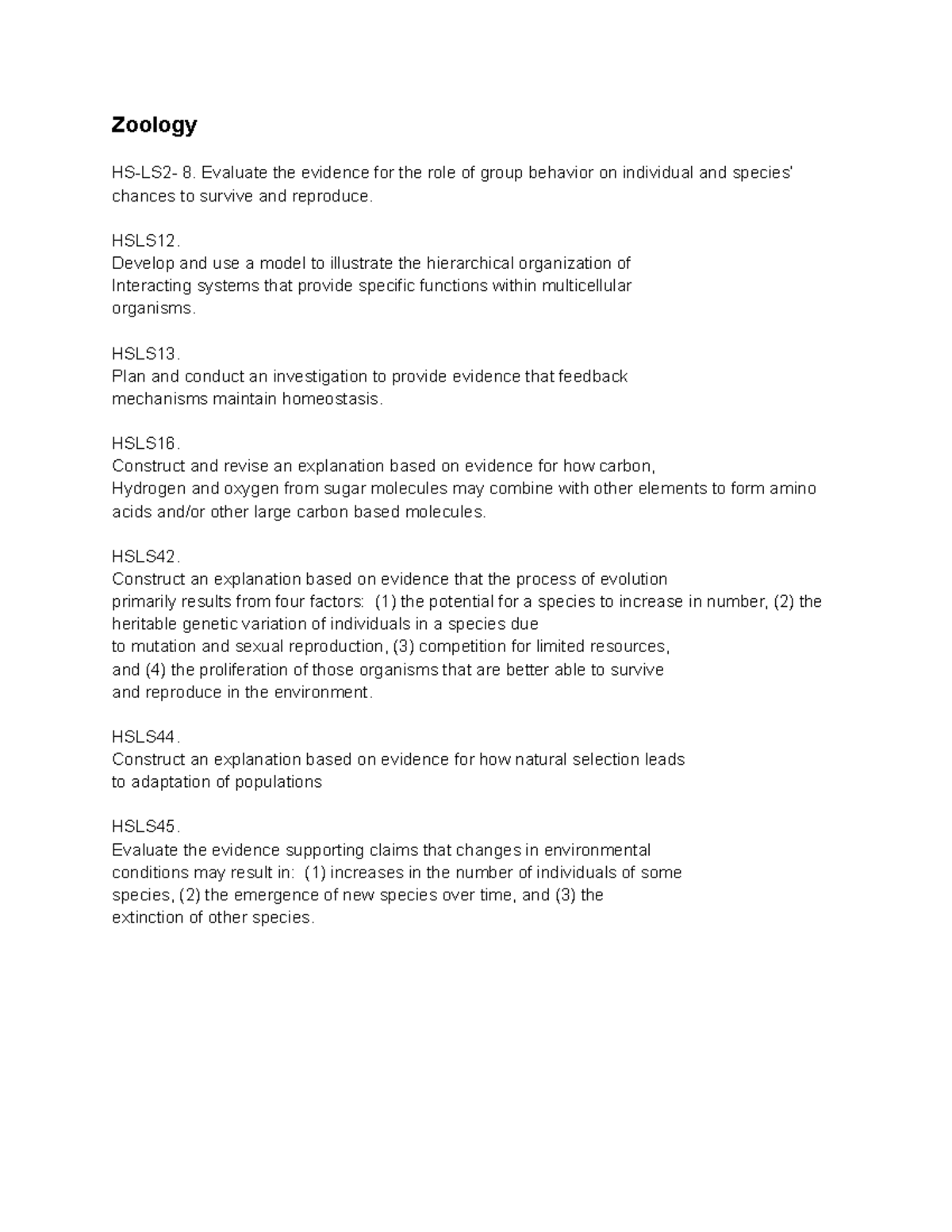 Zoology - notes - Zoology HS-LS2- 8. Evaluate the evidence for the role ...