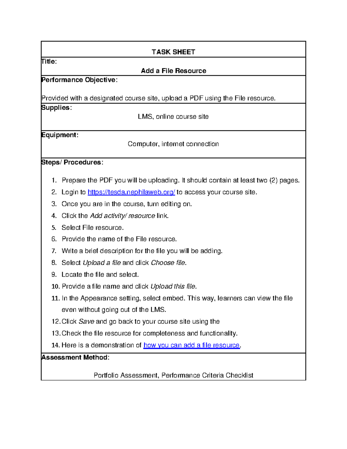 TASK Sheet - File - Templates - TASK SHEET Title: Add a File Resource ...