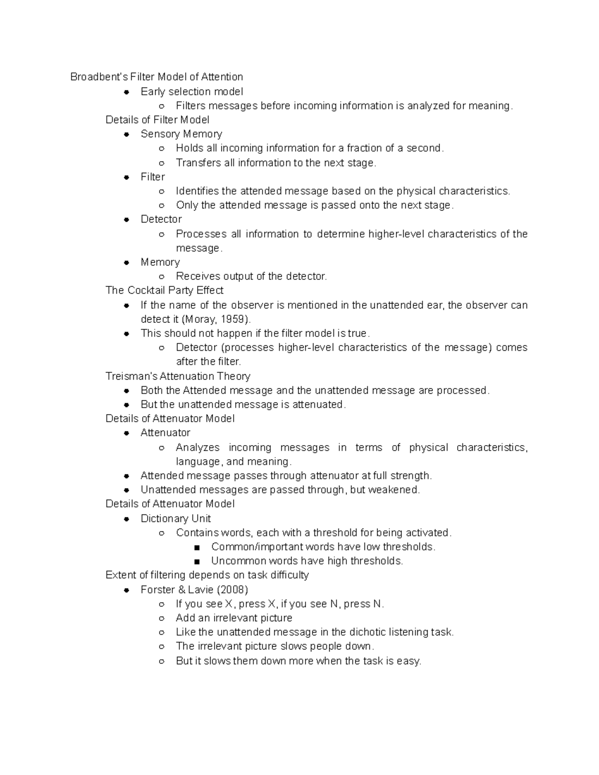 PSY 200 Notes copy 2 - Broadbent’s Filter Model of Attention Early ...