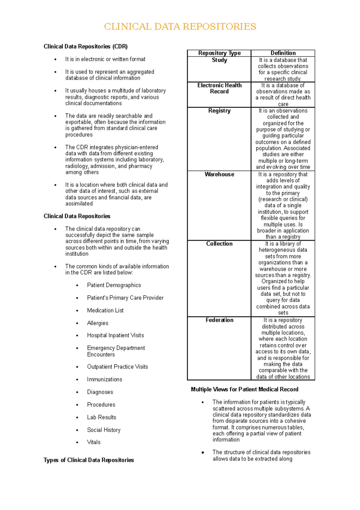 Clinical Data Repositories (Week 15) - CLINICAL DATA REPOSITORIES ...