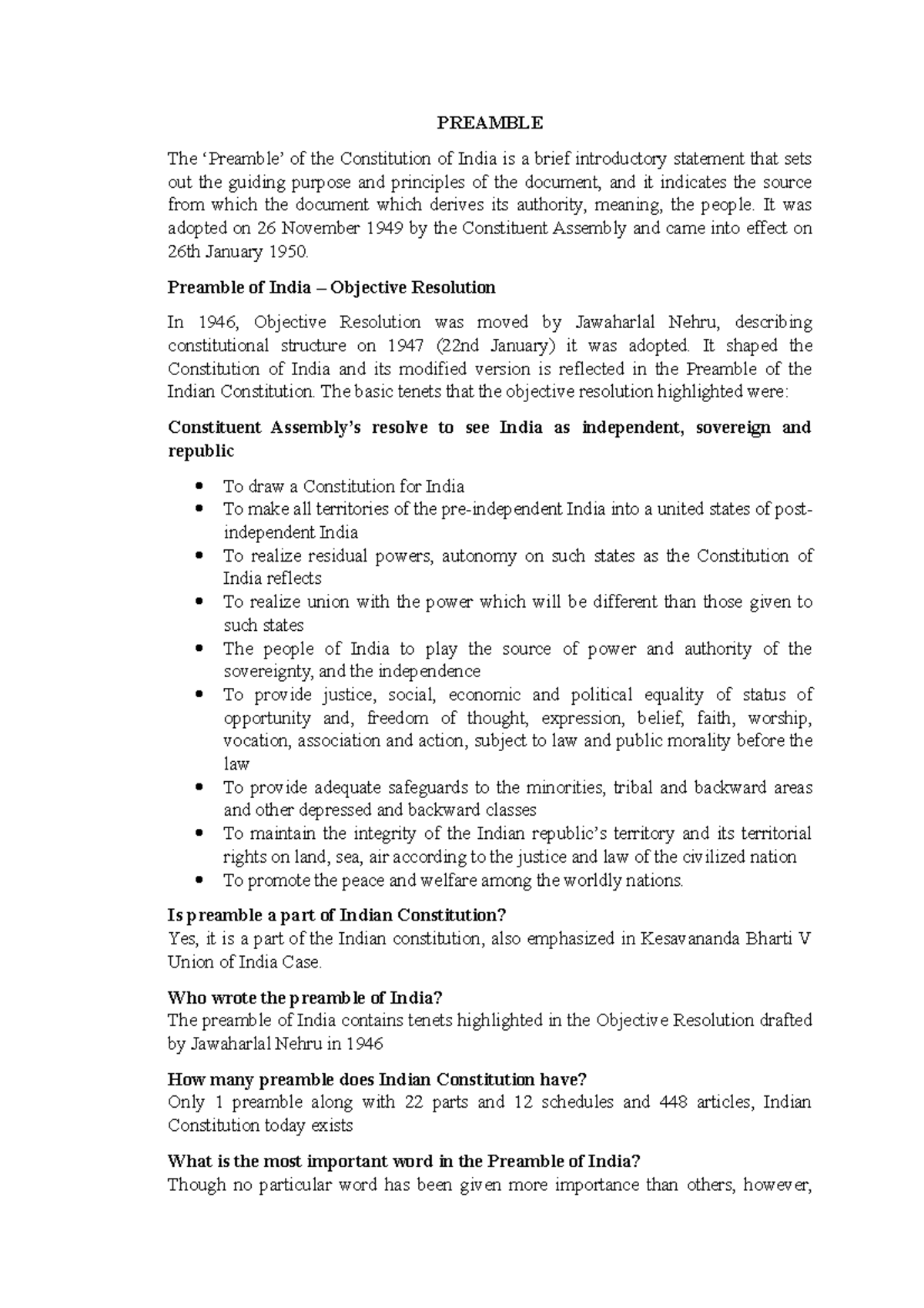 Preamble - PREAMBLE The ‘Preamble’ of the Constitution of India is a ...