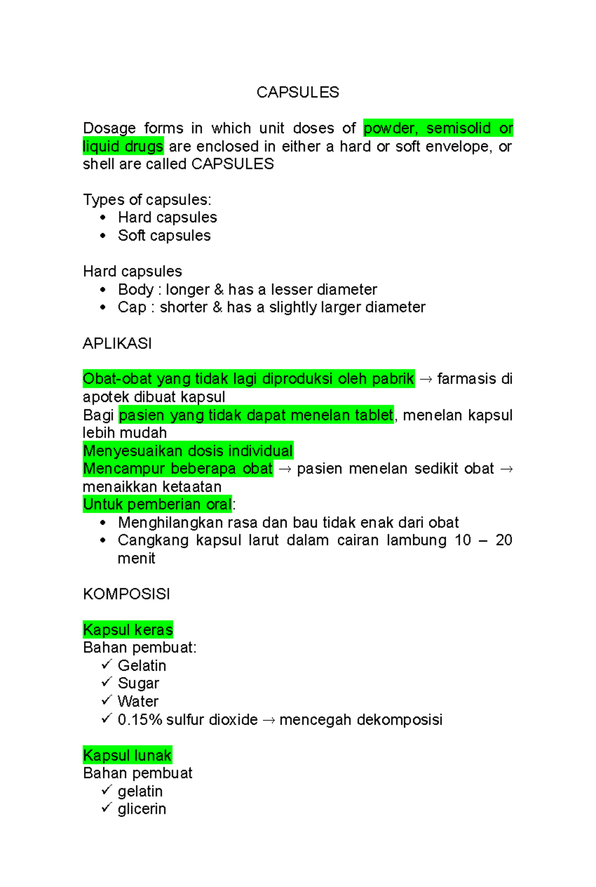 Capsules - basic pharmacy course notes - CAPSULES Dosage forms in which ...