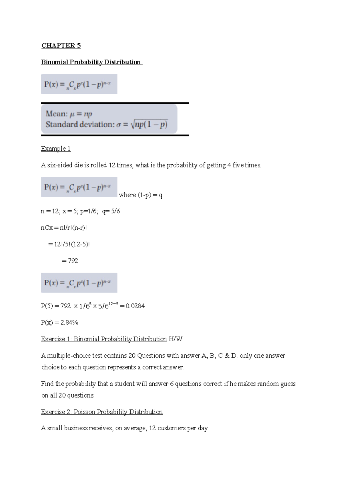 Chp05 - mathematical economics - CHAPTER 5 Binomial Probability Distribution Example 1 A six ...