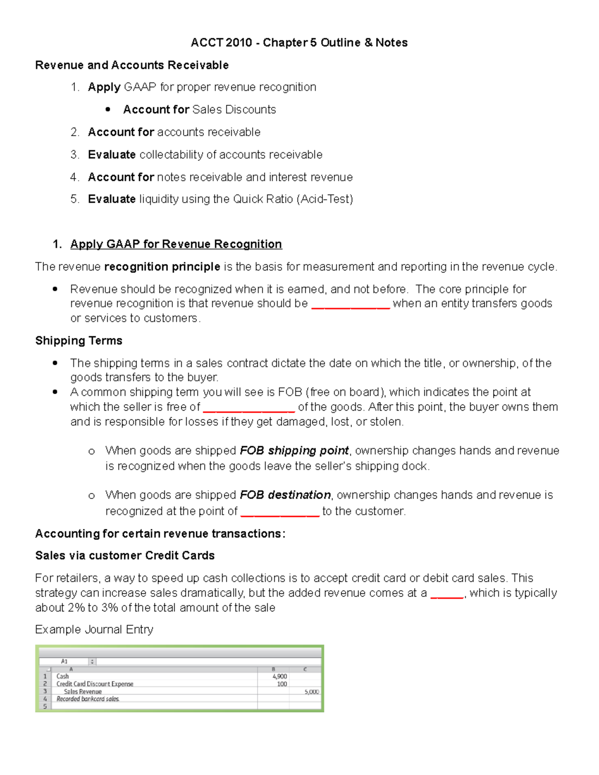 Chapter 5 Outline - ACCT 2010 - Chapter 5 Outline & Notes Revenue and ...
