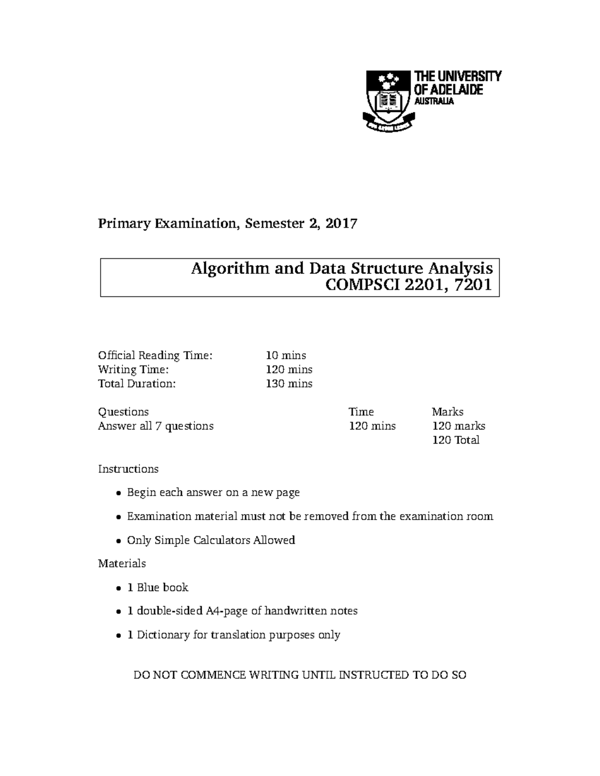 Final Exam 2017, questions - Primary Examination, Semester 2, 2017 ...