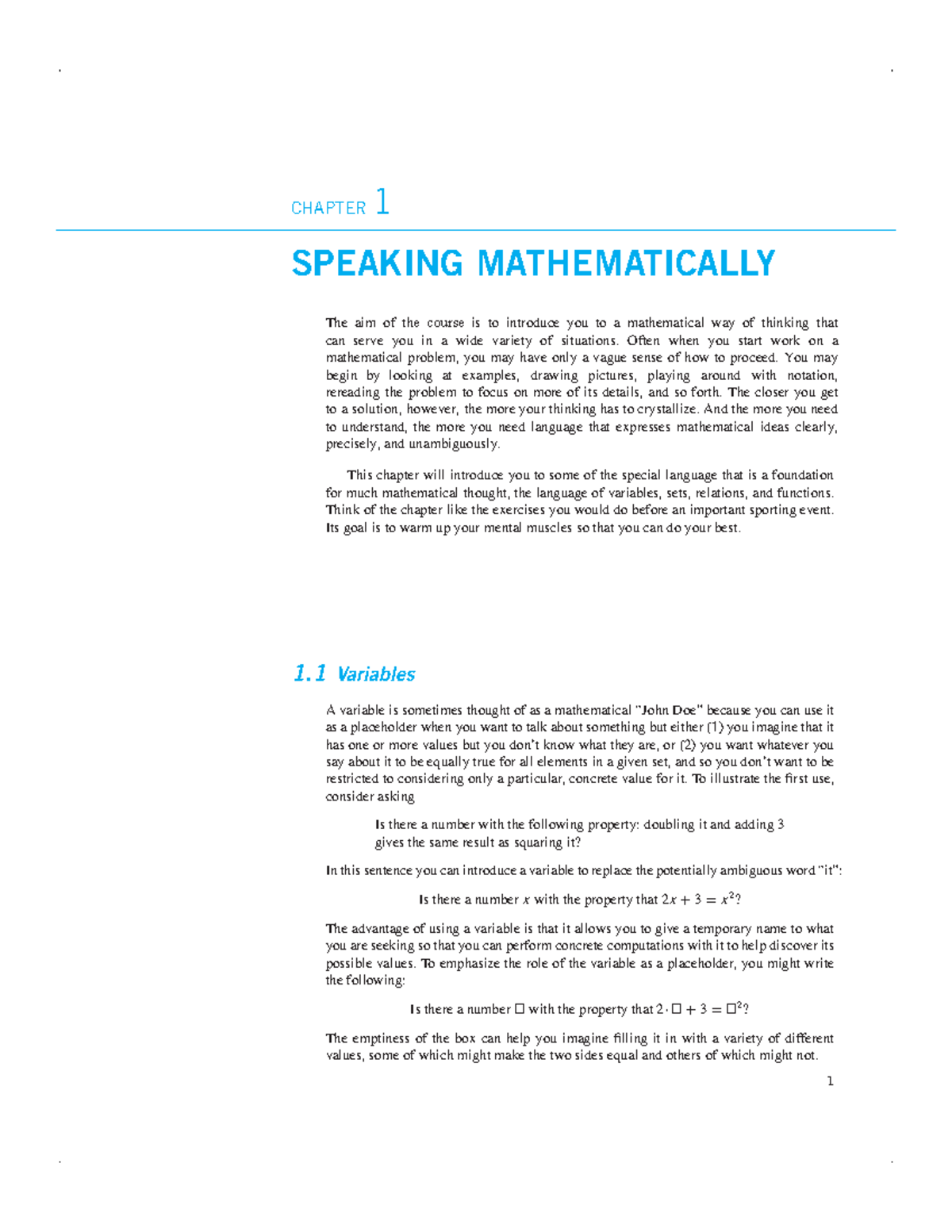 C1 1 variables - This is a pdf lecture document. - 1 CHAPTER 1 SPEAKING MATHEMATICALLY The aim ...
