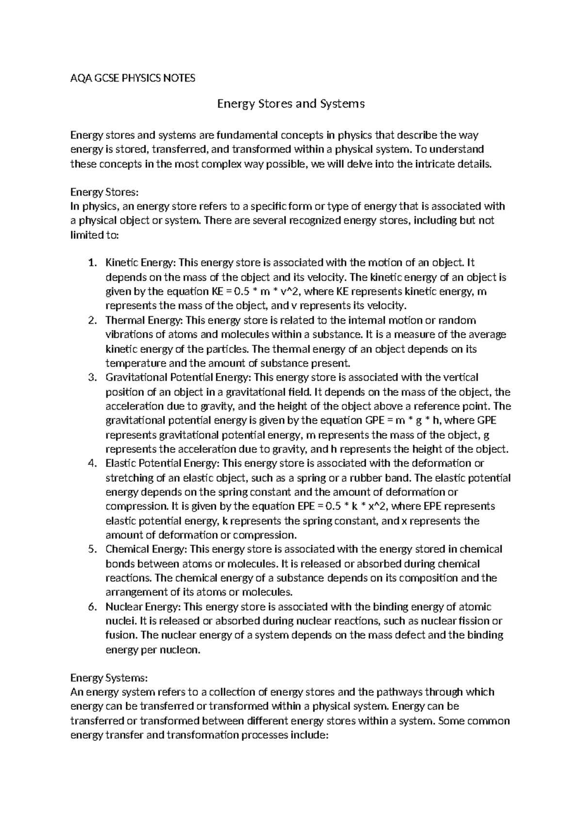Changes in energy stores GCSE Physics AQA - AQA GCSE PHYSICS NOTES ...