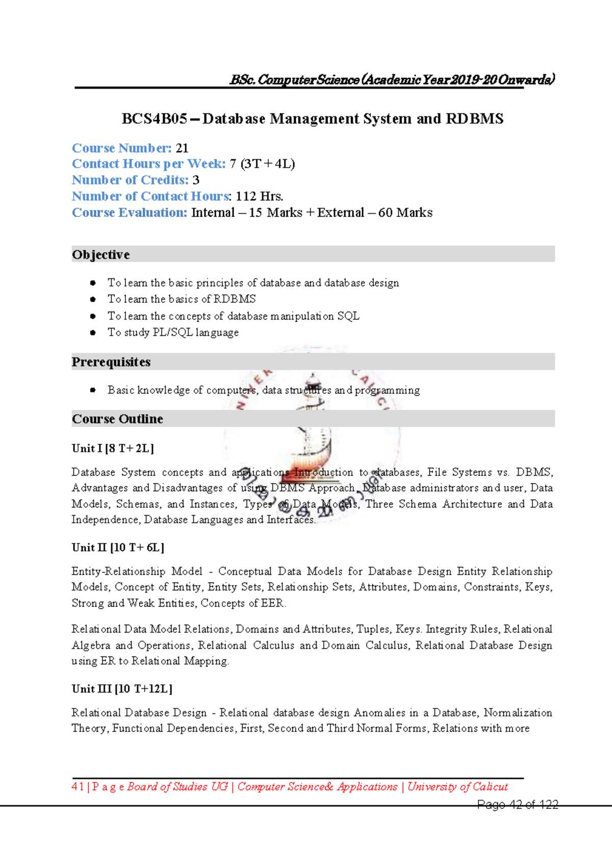 DBMS Syllabus - 41 | P a g e Board of Studies UG | Computer Science& Applications | University ...
