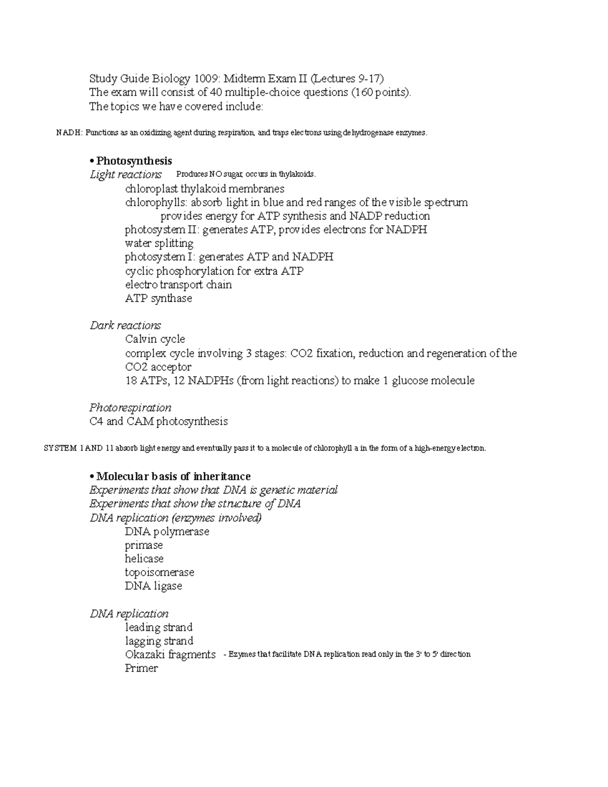 Study Guide Biol1009 Midterm 2 - Study Guide Biology 1009: Midterm Exam ...