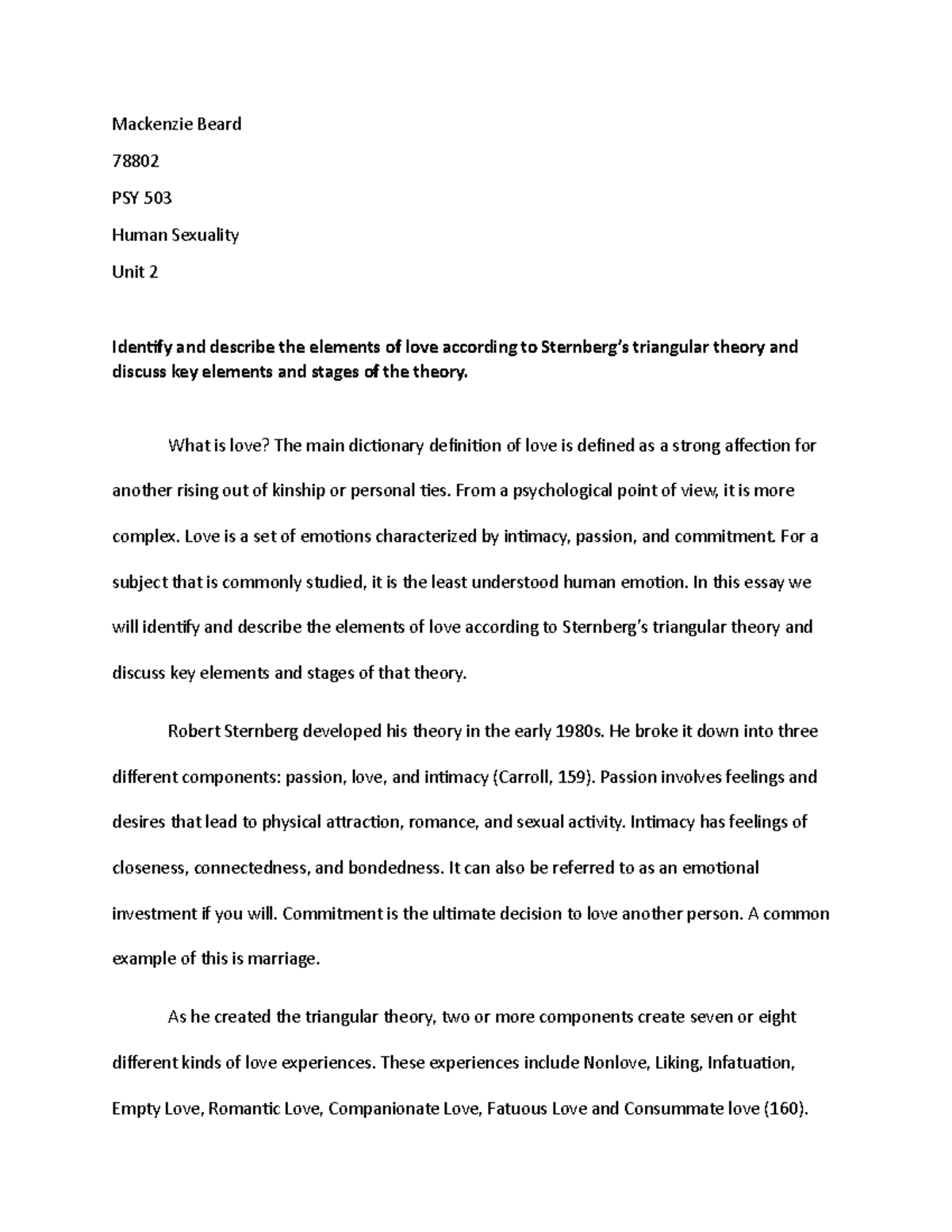 Sternbergs Triangular Theory - Mackenzie Beard 78802 PSY 503 Human ...