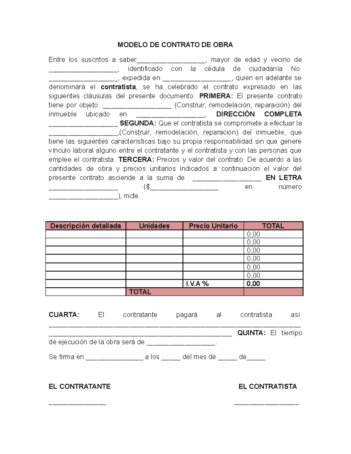 Modelo DE Contrato DE OBRA 1 - MODELO DE CONTRATO DE OBRA Entre los ...