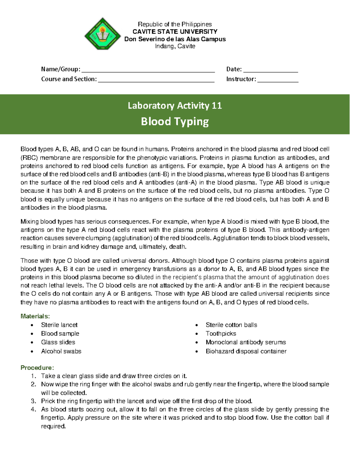 LAB-11-Blood-Typing - infos - Republic of the Philippines CAVITE STATE ...
