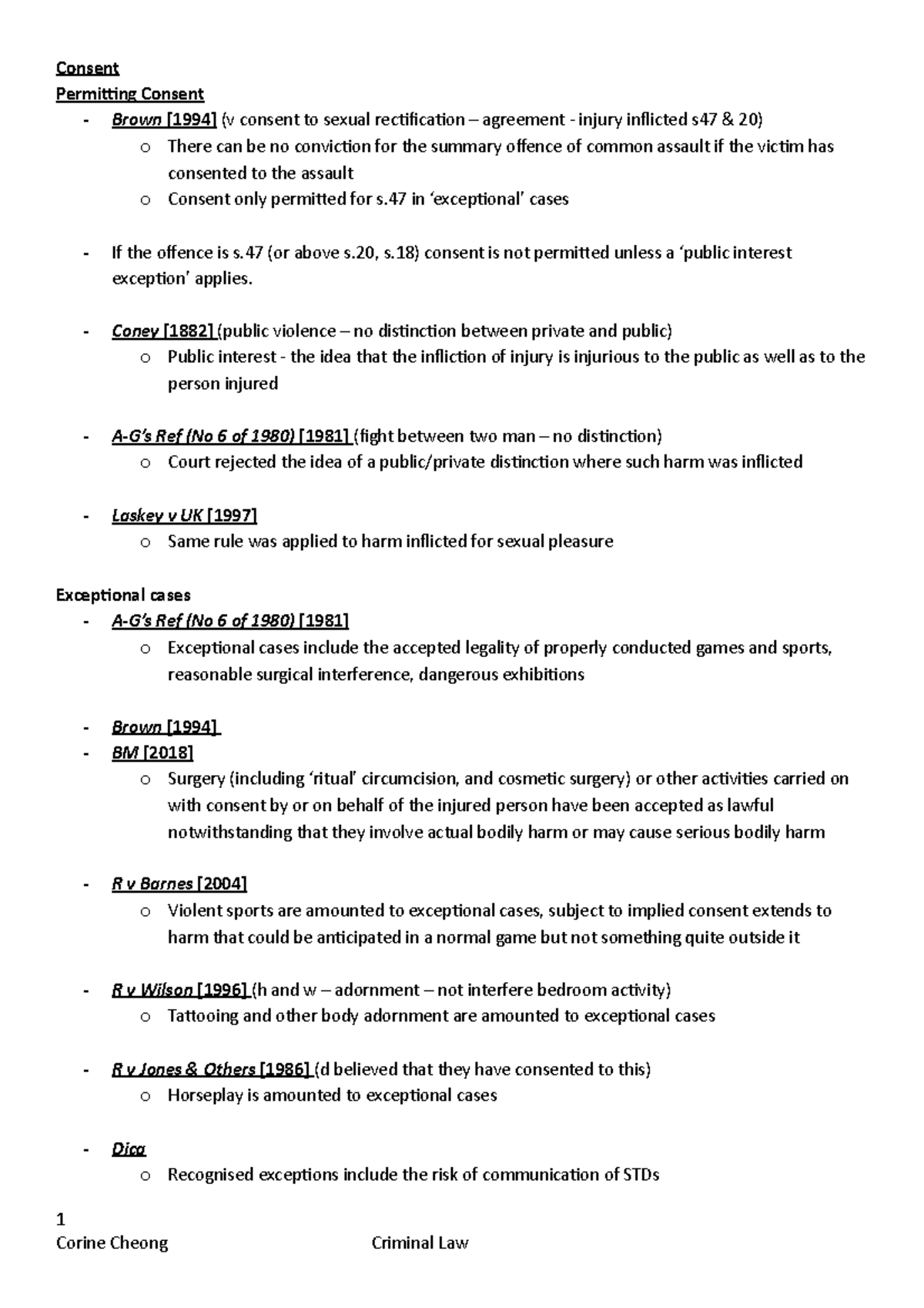 Non-consensual offences - Consent Permitting Consent - Brown [1994] (v ...
