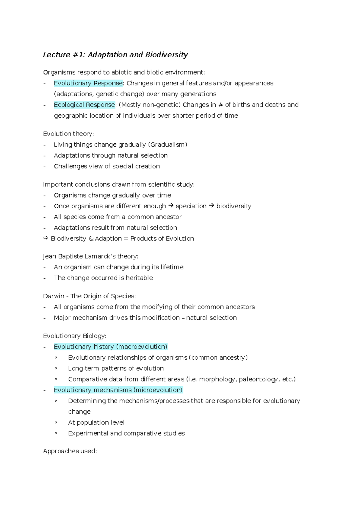 Lec. 1, 2 Notes - Lecture #1: Adaptation and Biodiversity Organisms ...