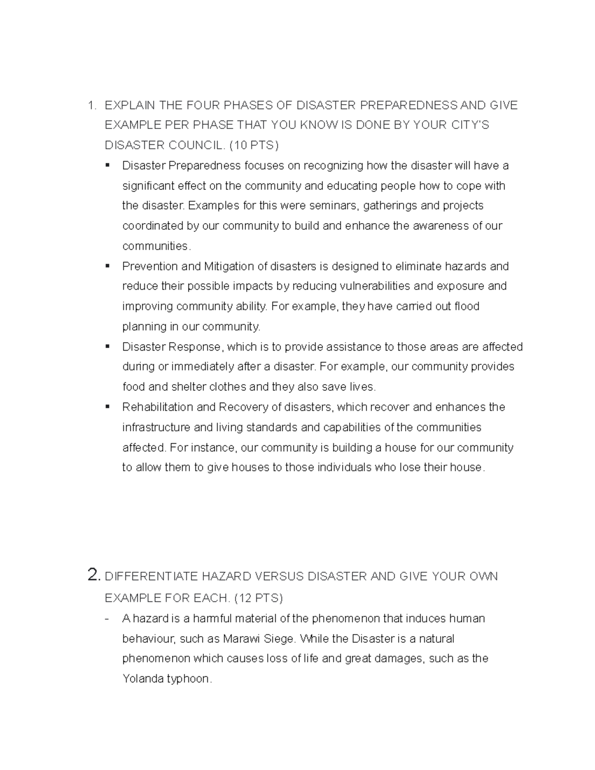 Prelim DRR - SUMMARIES - 1. EXPLAIN THE FOUR PHASES OF DISASTER ...