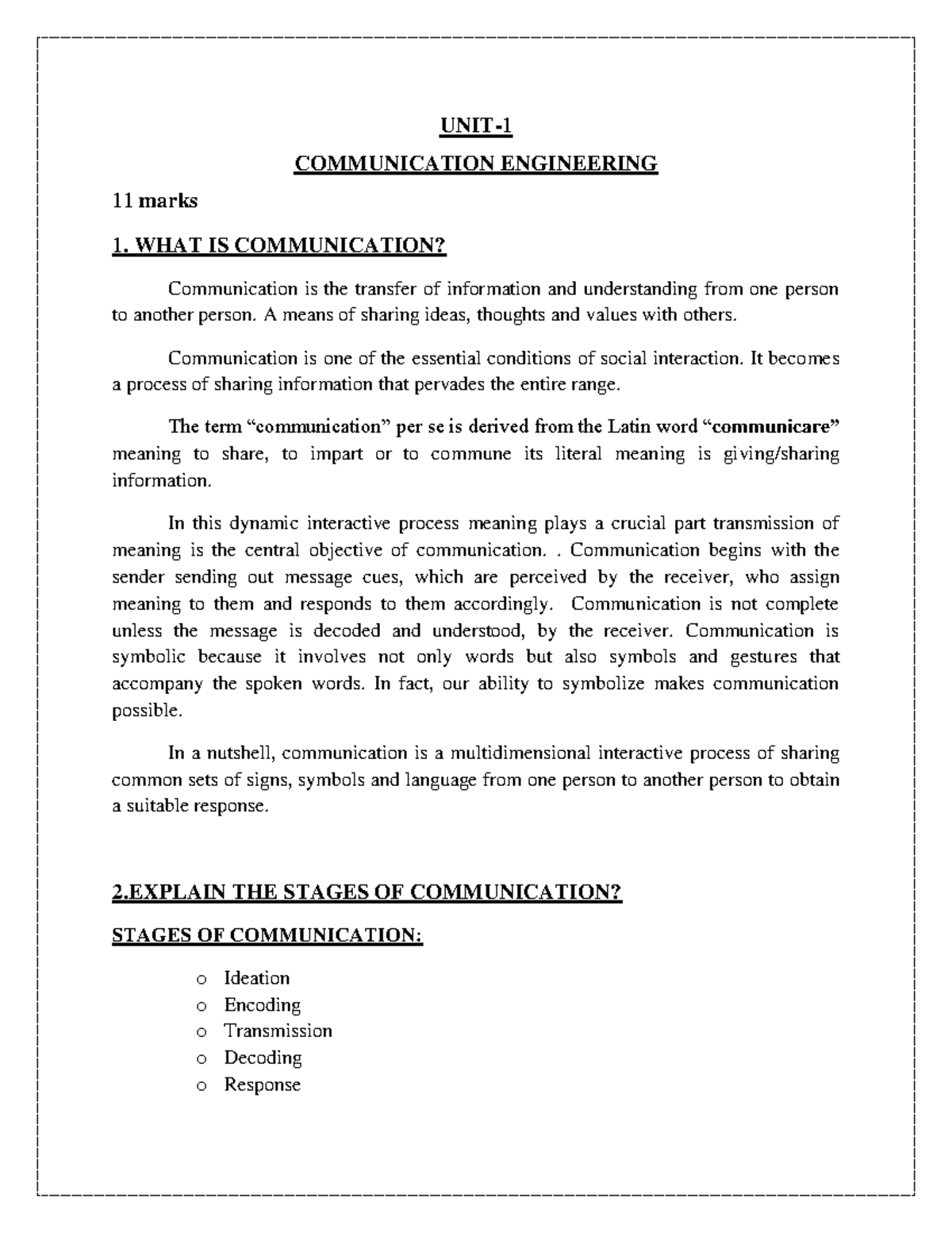 Communicative English Unit-1 11 marks - Communication In English - Studocu