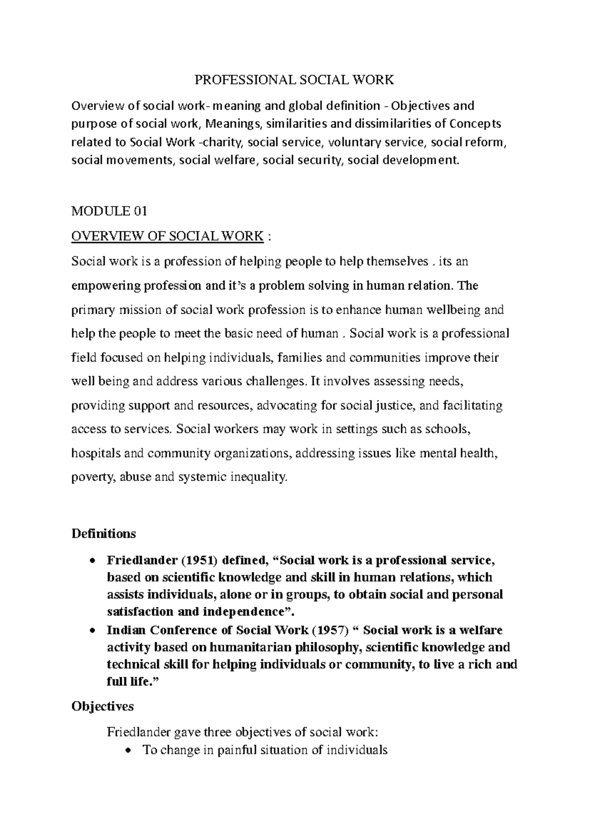 Bsw module 1 - PROFESSIONAL SOCIAL WORK Overview of social work ...