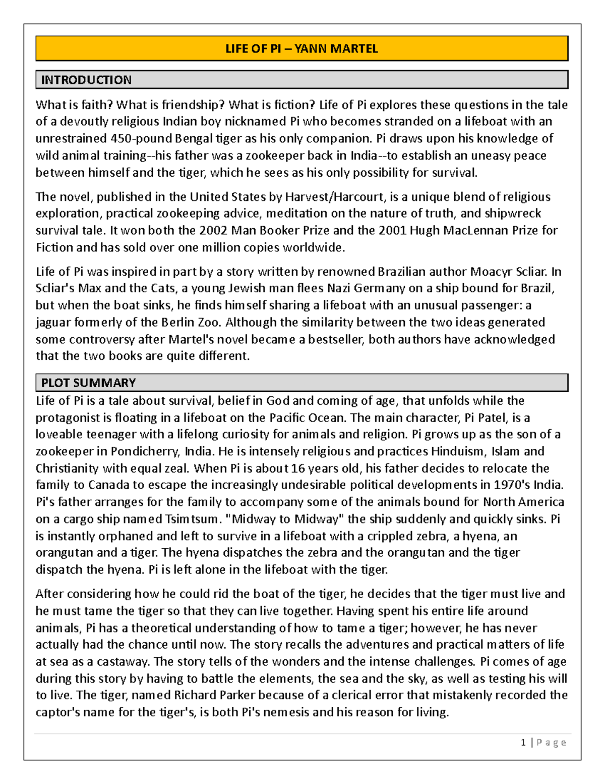 LIFE OF PI Notes - Life of pi - LIFE OF PI – YANN MARTEL INTRODUCTION ...