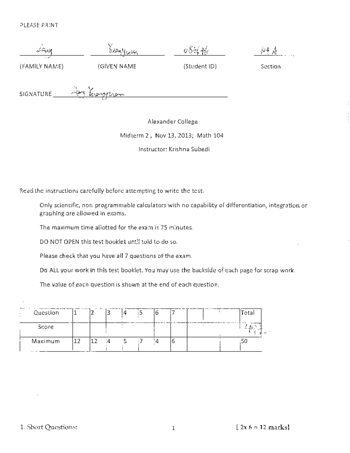MT104 Midterm 2 Soln - test - Pre-Calculus - Studocu